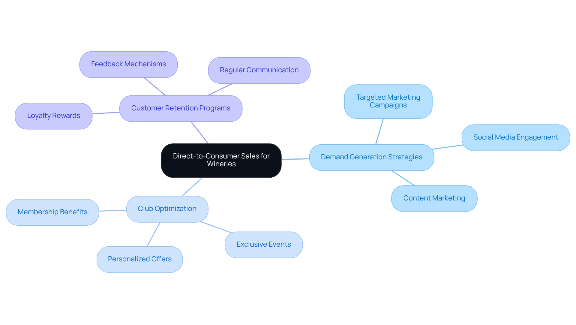 The center shows the main focus on DTC sales, while the branches represent the strategic services offered. Each branch can be explored to see how it contributes to building stronger customer relationships and driving sales. The center shows the main focus on DTC sales, while the branches represent the strategic services offered. Each branch can be explored to see how it contributes to building stronger customer relationships and driving sales.