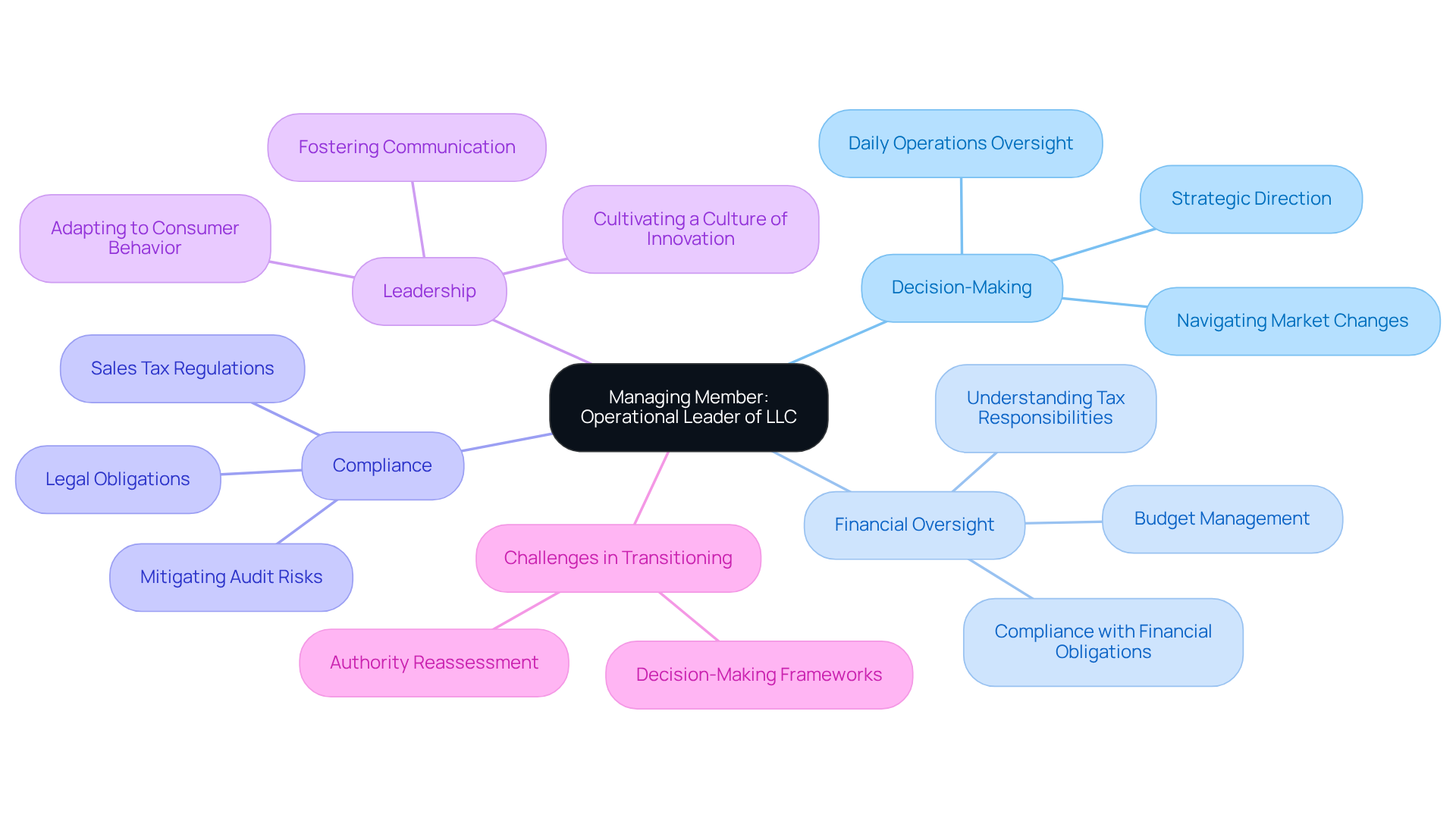 The central node represents the Managing Member's role, while the branches show their key responsibilities and challenges. Each color-coded branch helps you see how different aspects of the role connect and contribute to the overall success of the LLC. The central node represents the Managing Member's role, while the branches show their key responsibilities and challenges. Each color-coded branch helps you see how different aspects of the role connect and contribute to the overall success of the LLC.