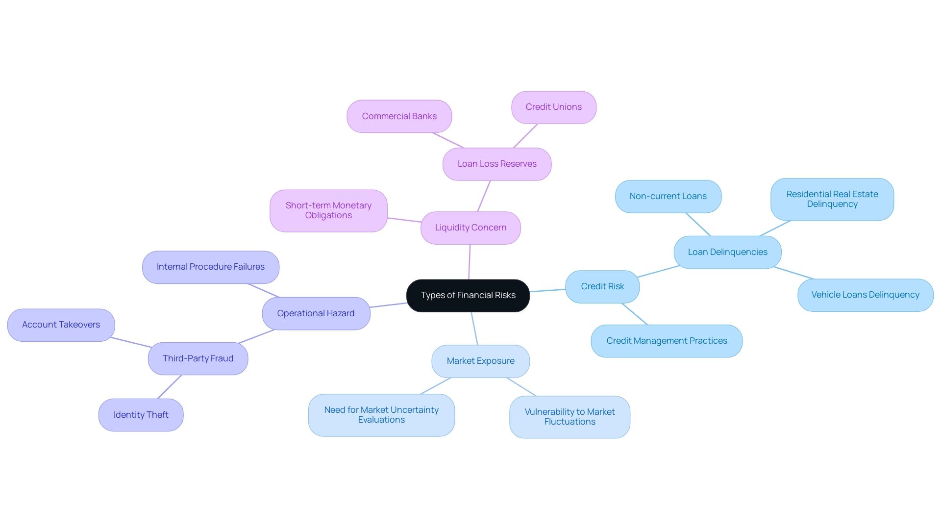 The central node represents financial risks, with branches showing key categories and their respective details.