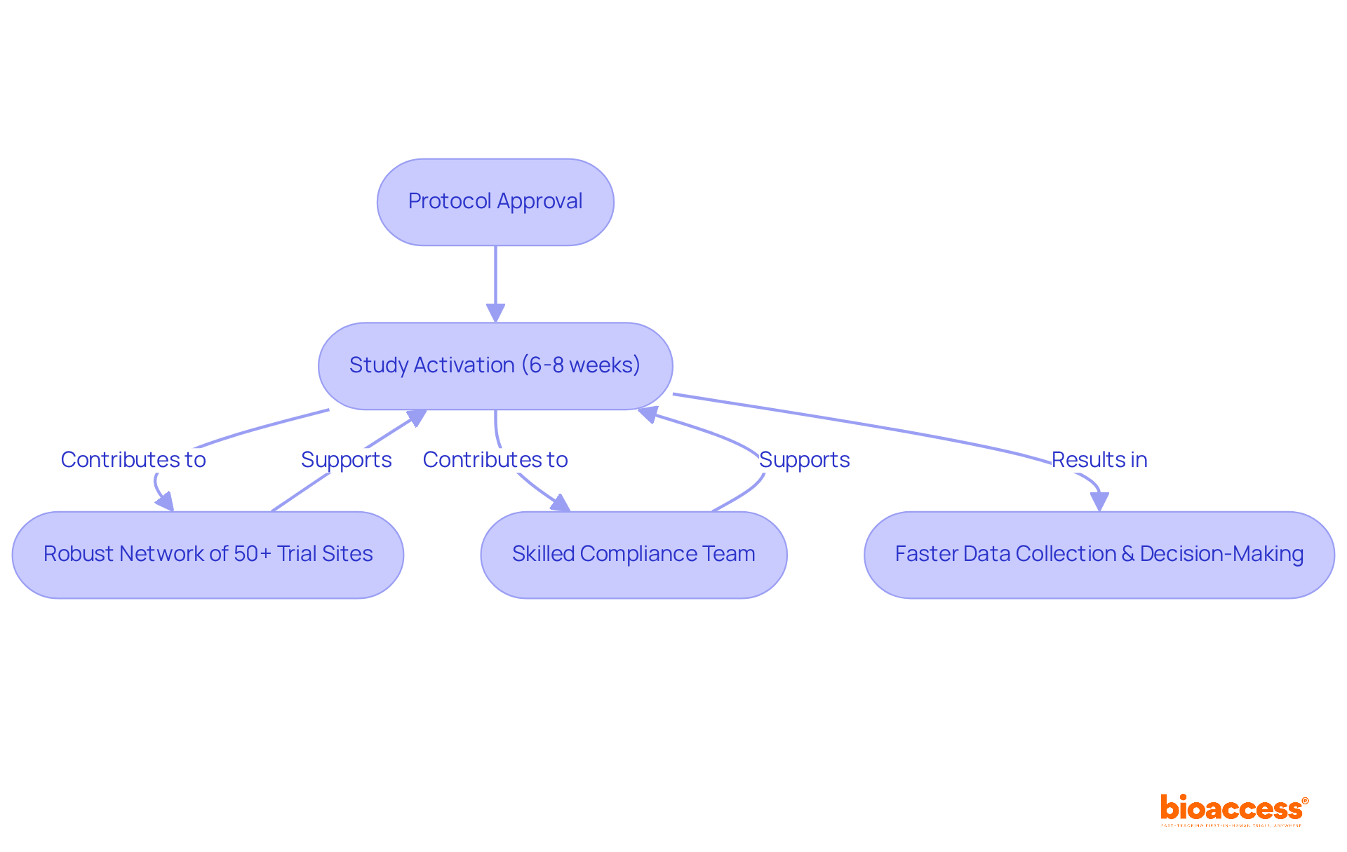 This flowchart shows how bioaccess® accelerates clinical research. Start with protocol approval, then see how the process moves quickly to study activation, thanks to a strong network and skilled team. The end result is faster data collection and decision-making, making research more efficient.