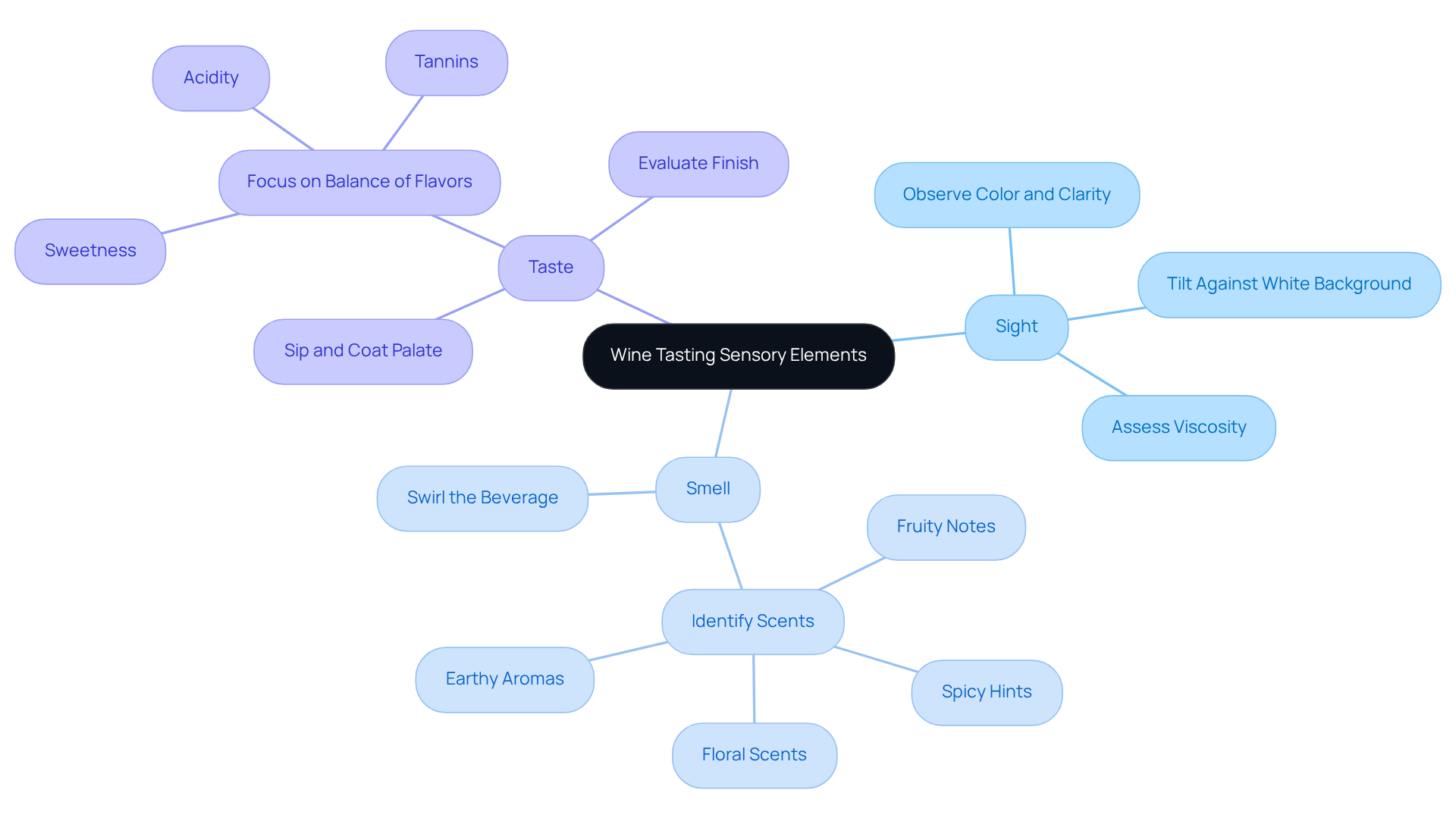 The central node represents the overall wine tasting experience, with branches illustrating how sight, smell, and taste contribute to this sensory journey. Each branch breaks down into specific actions to take for a richer tasting experience.