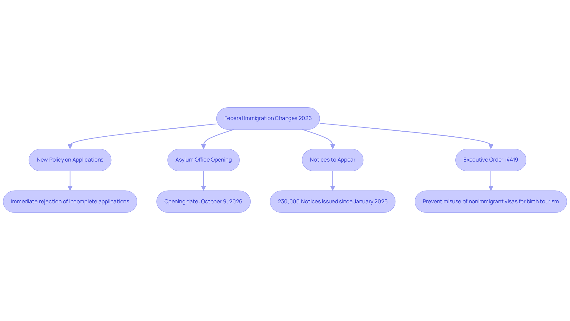 This flowchart illustrates the major changes in federal immigration laws and processes. Each box represents a significant change or event, and the arrows show how they connect. Follow the flow to understand how these changes might impact your immigration journey.
