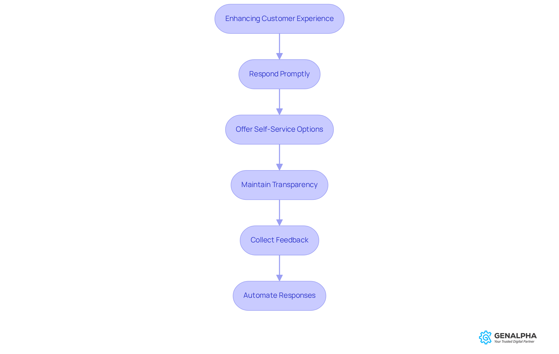 This flowchart shows the steps that businesses can take to improve their customer experience. Follow the arrows from one step to the next to see how each action contributes to greater client satisfaction and loyalty.