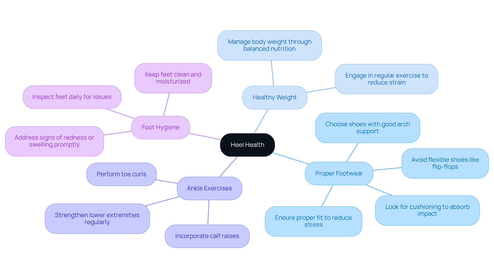 This mindmap starts with 'Heel Health' at the center. Each branch represents a key practice to maintain healthy heels. Follow the branches to see specific actions you can take under each practice. It's a visual guide to help you remember how to care for your feet! This mindmap starts with 'Heel Health' at the center. Each branch represents a key practice to maintain healthy heels. Follow the branches to see specific actions you can take under each practice. It's a visual guide to help you remember how to care for your feet!