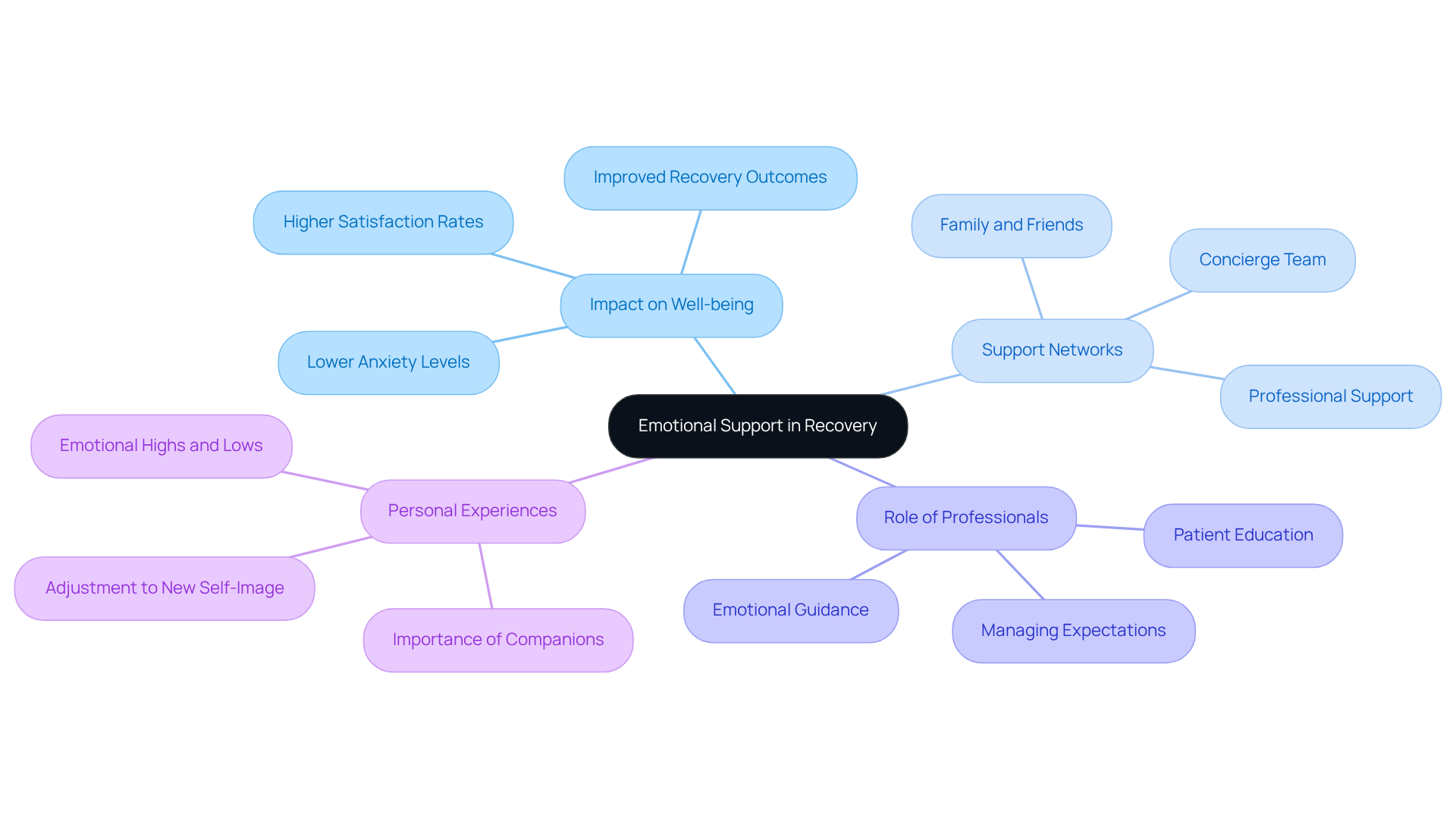 The central node represents the importance of emotional support, while the branches show how it affects recovery and the different sources of support available. Follow the branches to explore each aspect in detail.