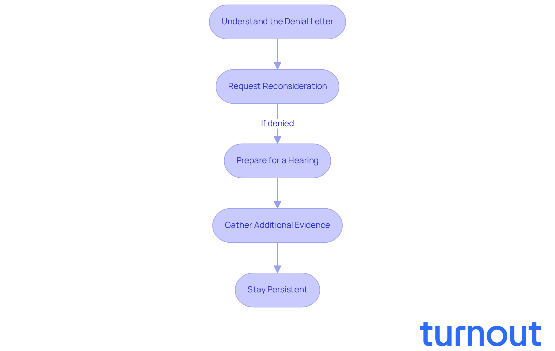 Each box represents a step you can take if your application is denied. Follow the arrows to see how to navigate the appeals process, from understanding why your application was denied to staying persistent in your efforts.