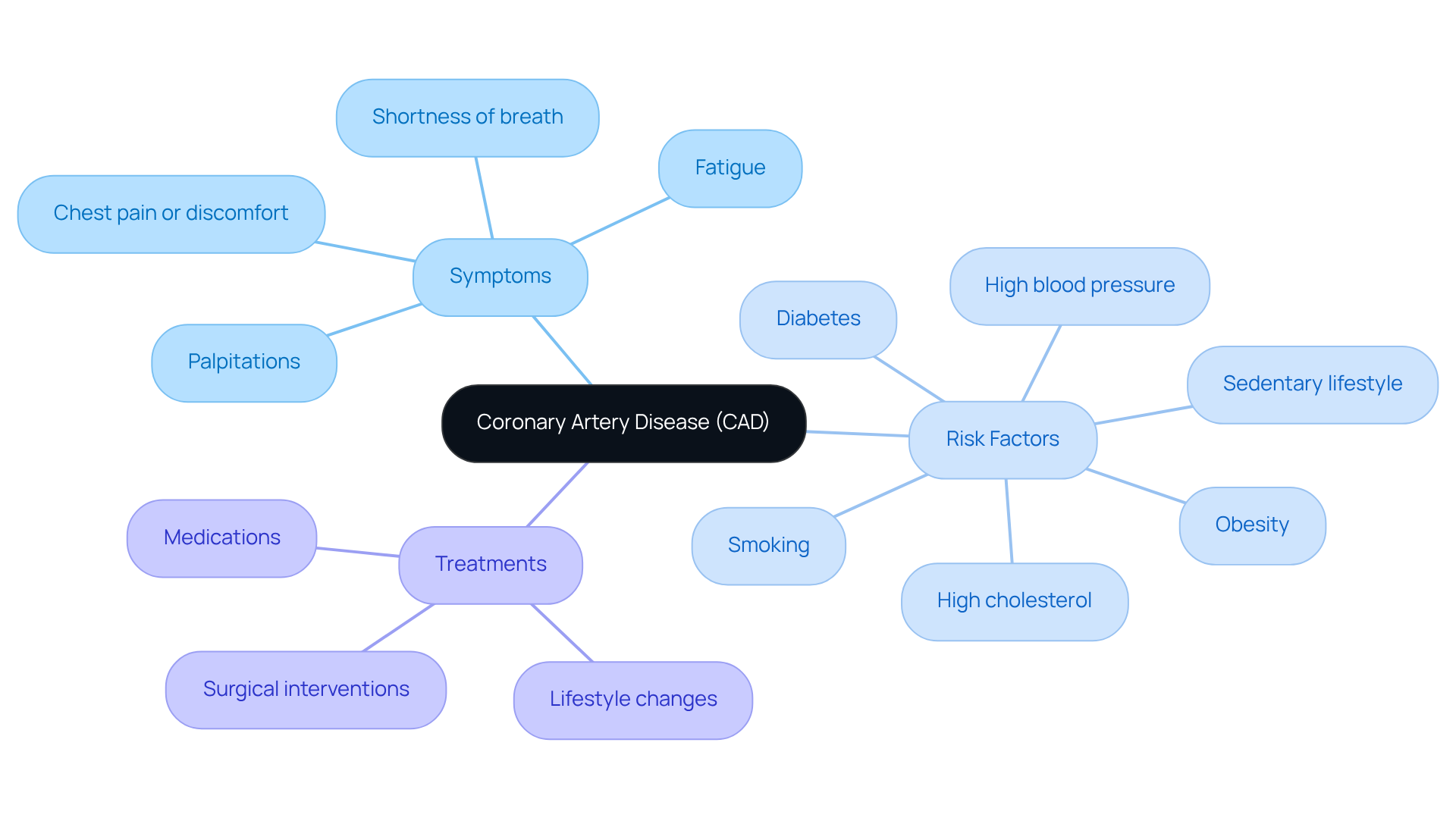 The central node represents CAD, with branches showing symptoms, risk factors, and treatment options. Each branch highlights important aspects that contribute to understanding and managing CAD.