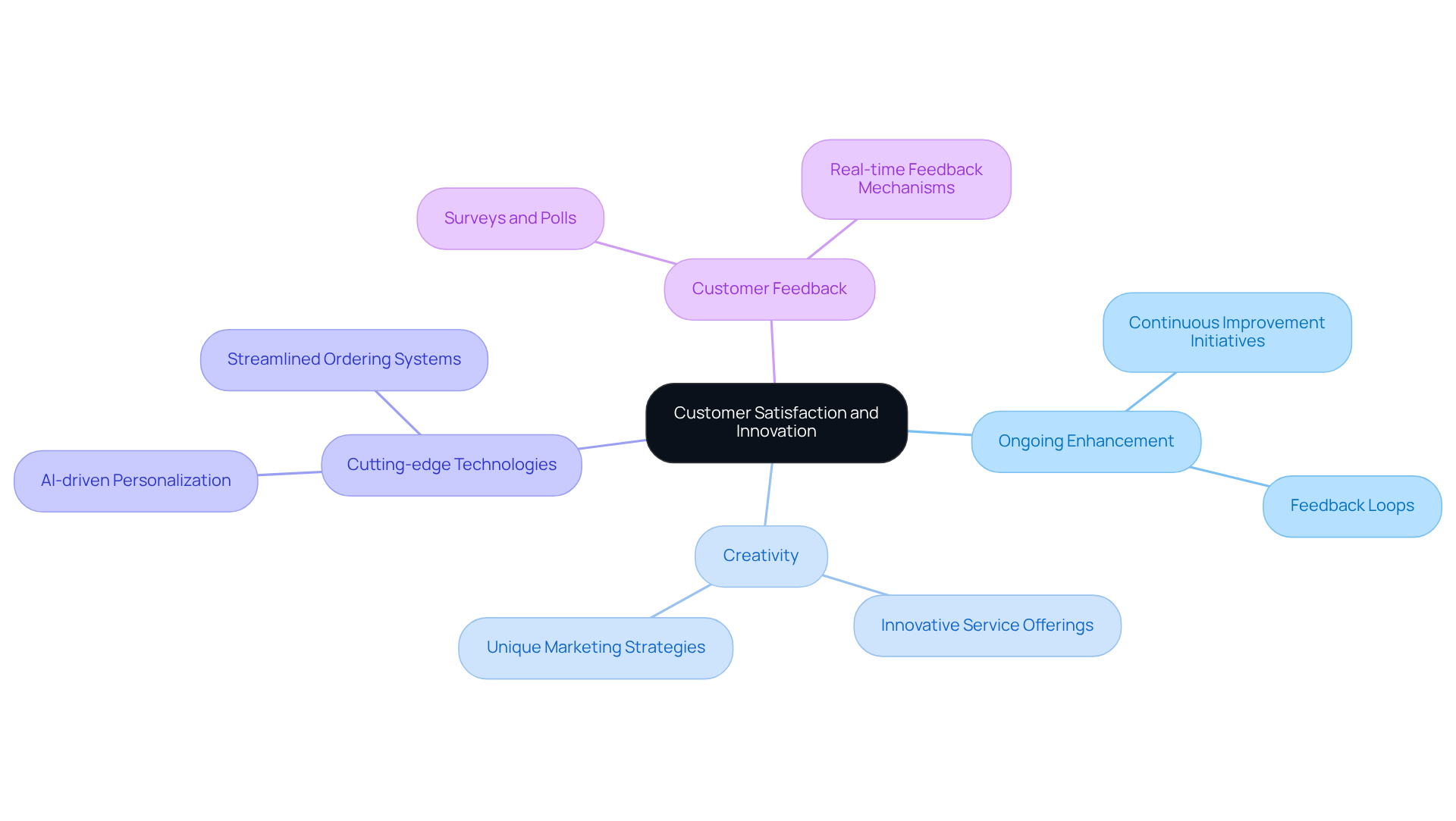 The central node represents our core commitment, while the branches show the different strategies we use to enhance customer experience. Each color-coded branch highlights a specific area of focus.