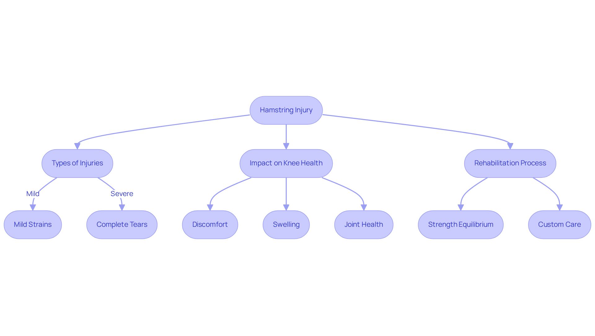 This flowchart illustrates the journey from a hamstring injury to its effects on knee health and the necessary rehabilitation steps. Follow the arrows to see how each aspect connects and the importance of addressing these injuries properly.