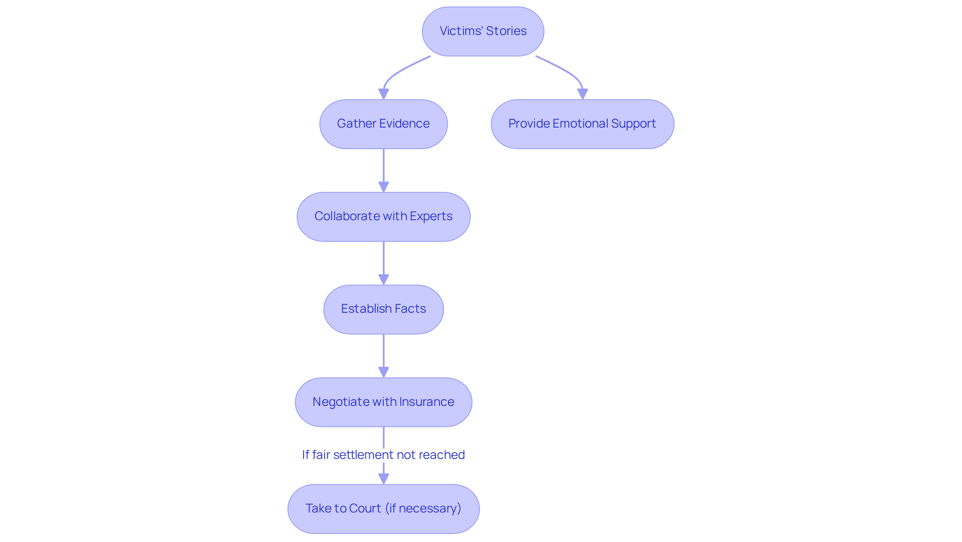 This flowchart outlines the steps accident lawyers take to support victims of aviation incidents. Each box represents a key action, showing how lawyers guide clients from the initial gathering of stories through to potential court proceedings.