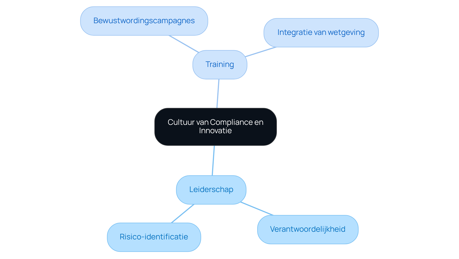 De centrale node vertegenwoordigt het hoofdthema, terwijl de takken de belangrijkste elementen en hun subonderdelen tonen. Volg de takken om te zien hoe elk aspect bijdraagt aan de cultuur van compliance en innovatie.