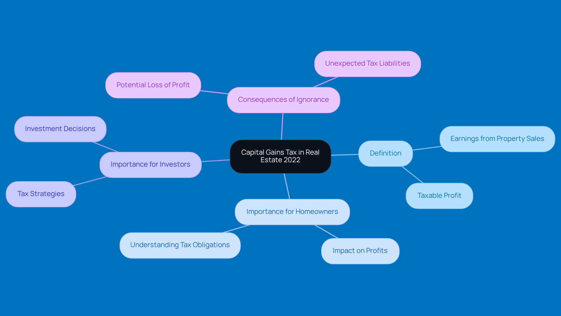 The central idea is capital gains tax, with branches showing its definition, importance for different groups, and potential consequences. Follow the branches to see how each aspect connects to the main topic.