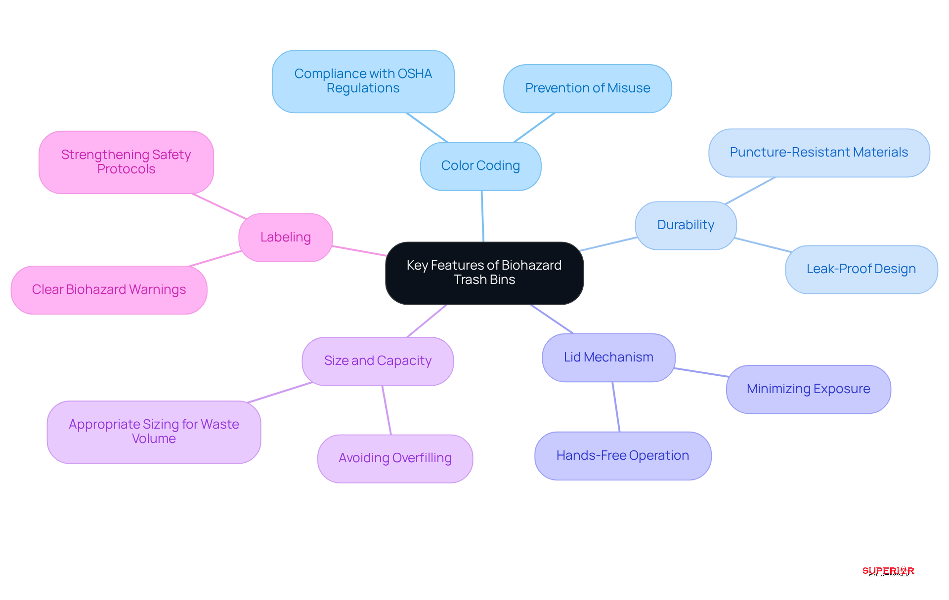 The central node represents the main topic, while the branches show important features. Each feature is connected to its significance, helping you understand how they contribute to safety and compliance in healthcare waste management.