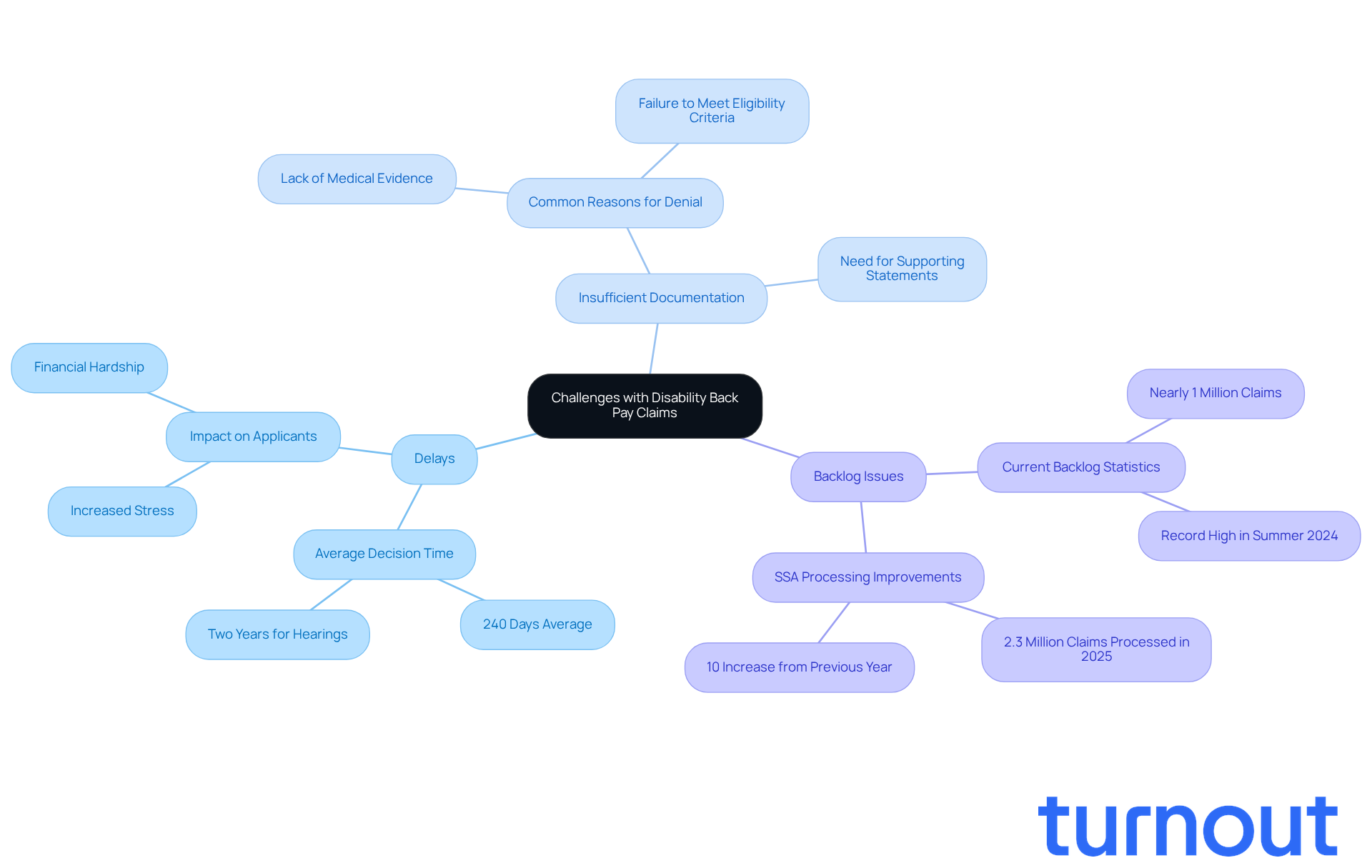 The central node represents the overall challenges, while the branches show specific issues and their implications. Follow the branches to understand how each challenge affects applicants and the claims process. The central node represents the overall challenges, while the branches show specific issues and their implications. Follow the branches to understand how each challenge affects applicants and the claims process.
