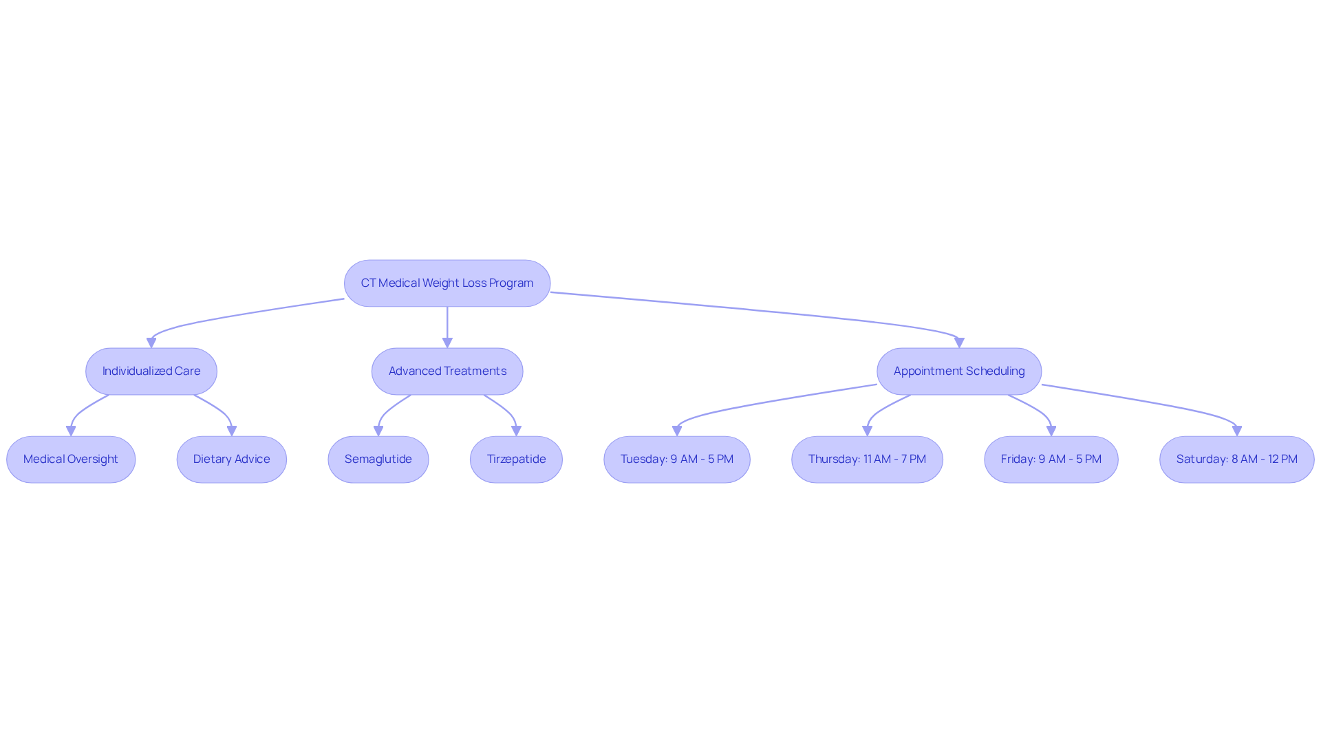 This flowchart outlines the steps involved in the CT Medical Weight Loss Program. Start at the top with the program overview, then follow the arrows to see how personalized care, advanced treatments, and appointment scheduling work together to support your weight loss journey.