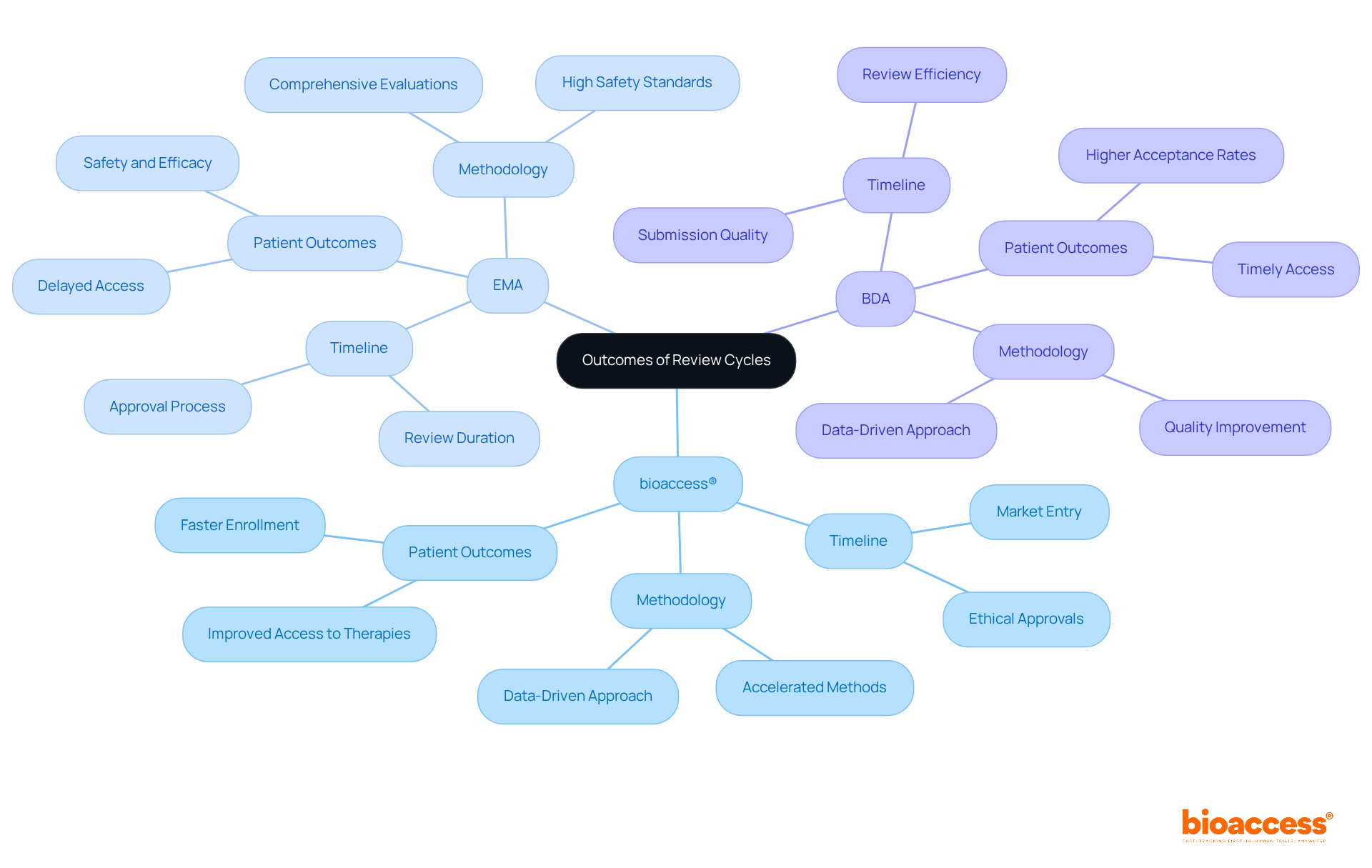 The central node represents the overall topic, while each branch highlights a specific review cycle. Sub-nodes provide detailed insights into timelines, methodologies, and patient outcomes, helping you understand how each cycle operates and its impact on healthcare.