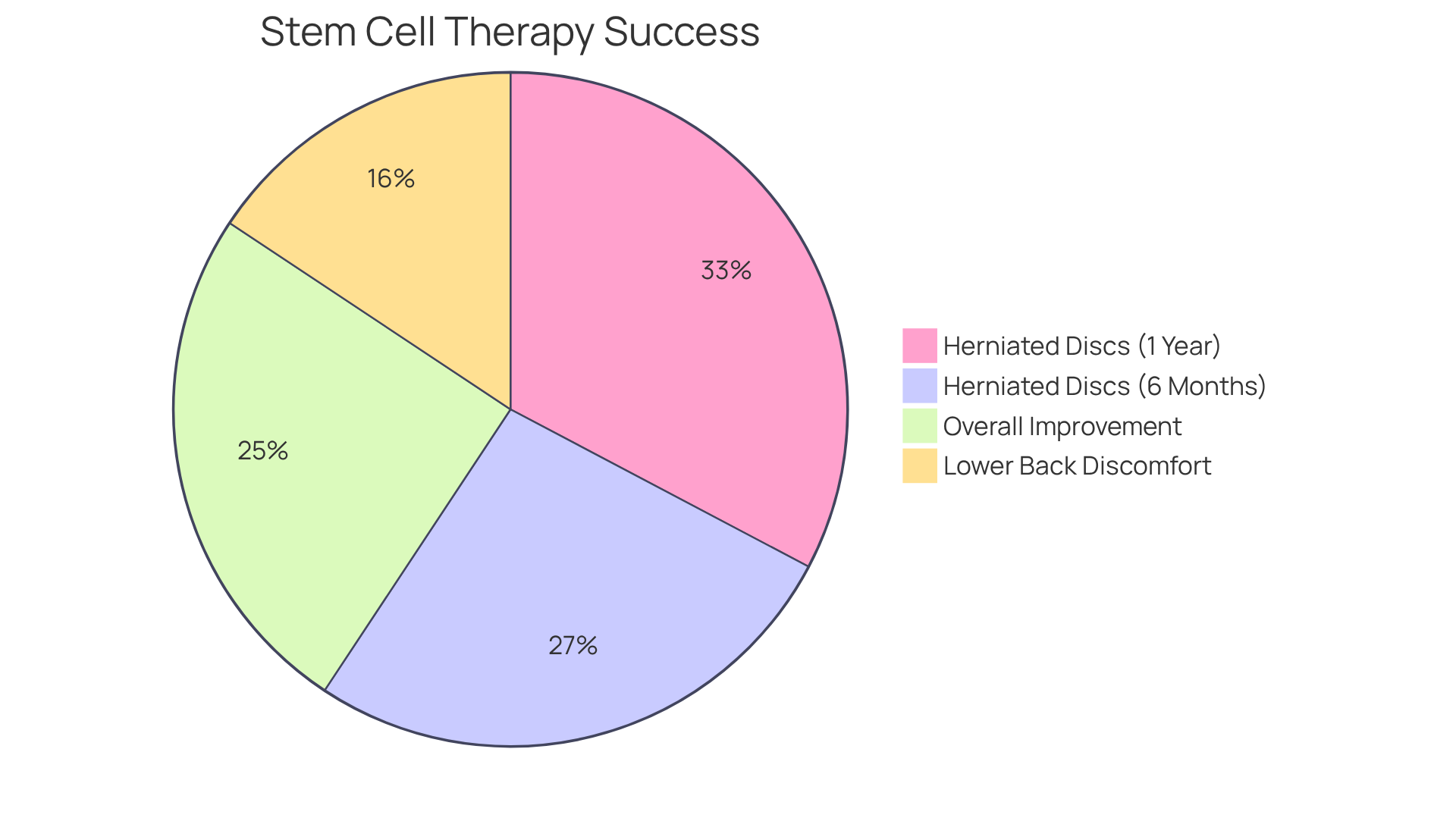 Each slice of the pie shows the percentage of patients who experienced relief or improvement from stem cell therapy. The larger the slice, the higher the success rate for that specific condition or timeframe.