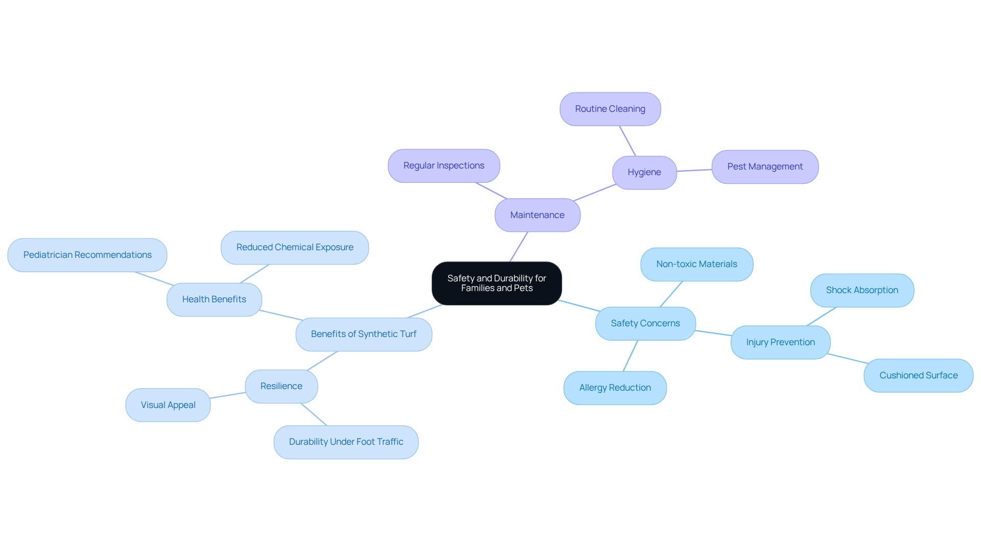 Start at the center with the main theme, then explore each branch to see how safety, benefits, and maintenance are interconnected in creating a safe outdoor space for families and pets.