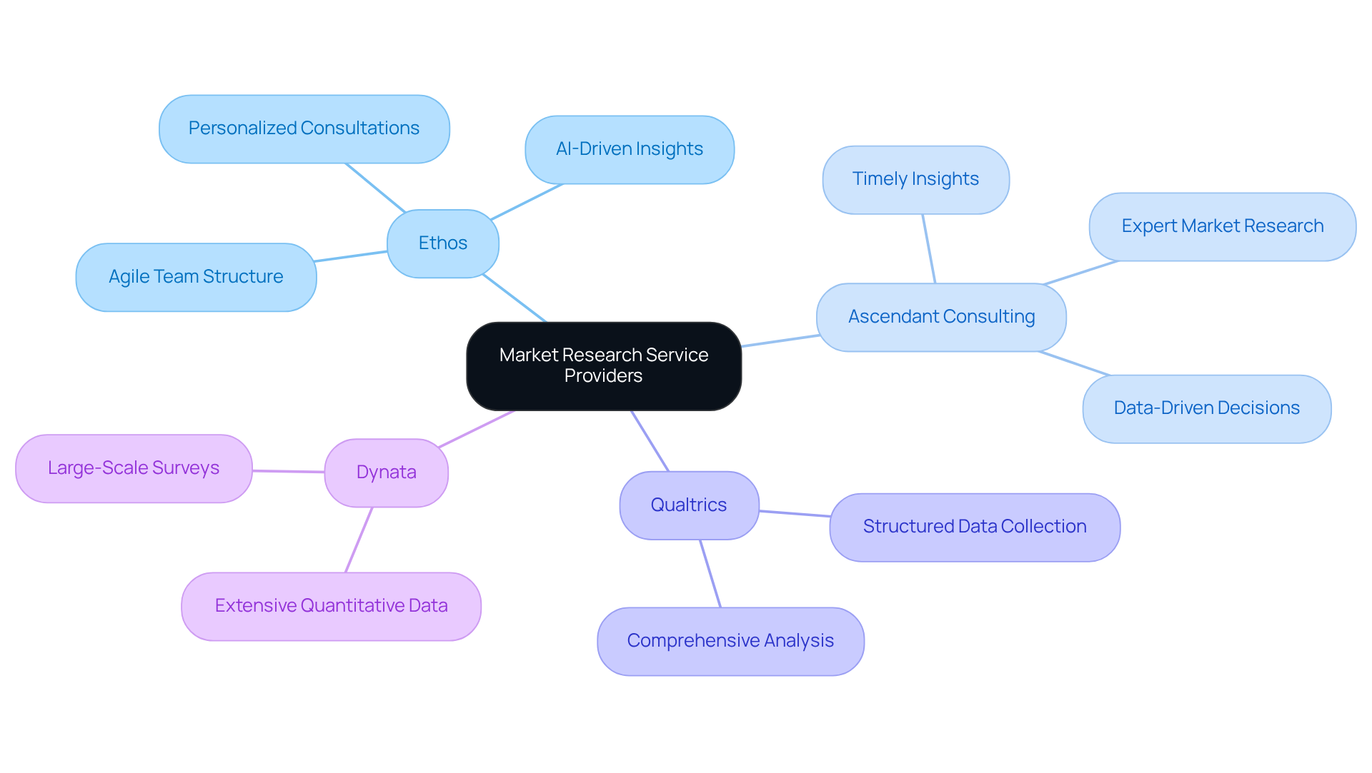 The central node represents the main topic, while each branch shows a different provider and their unique strengths. Follow the branches to understand which provider might best meet specific business needs.