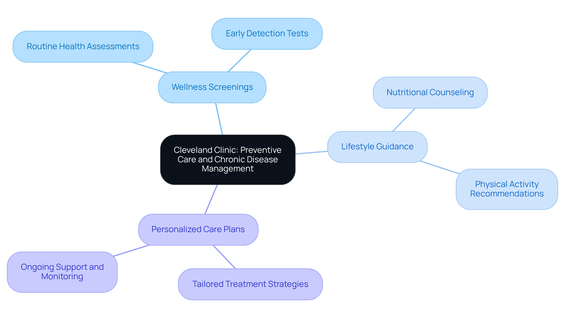 The central node represents the clinic's overall approach, while the branches show specific programs that help prevent diseases and manage chronic conditions. Each color-coded branch highlights a different aspect of their comprehensive care strategy.