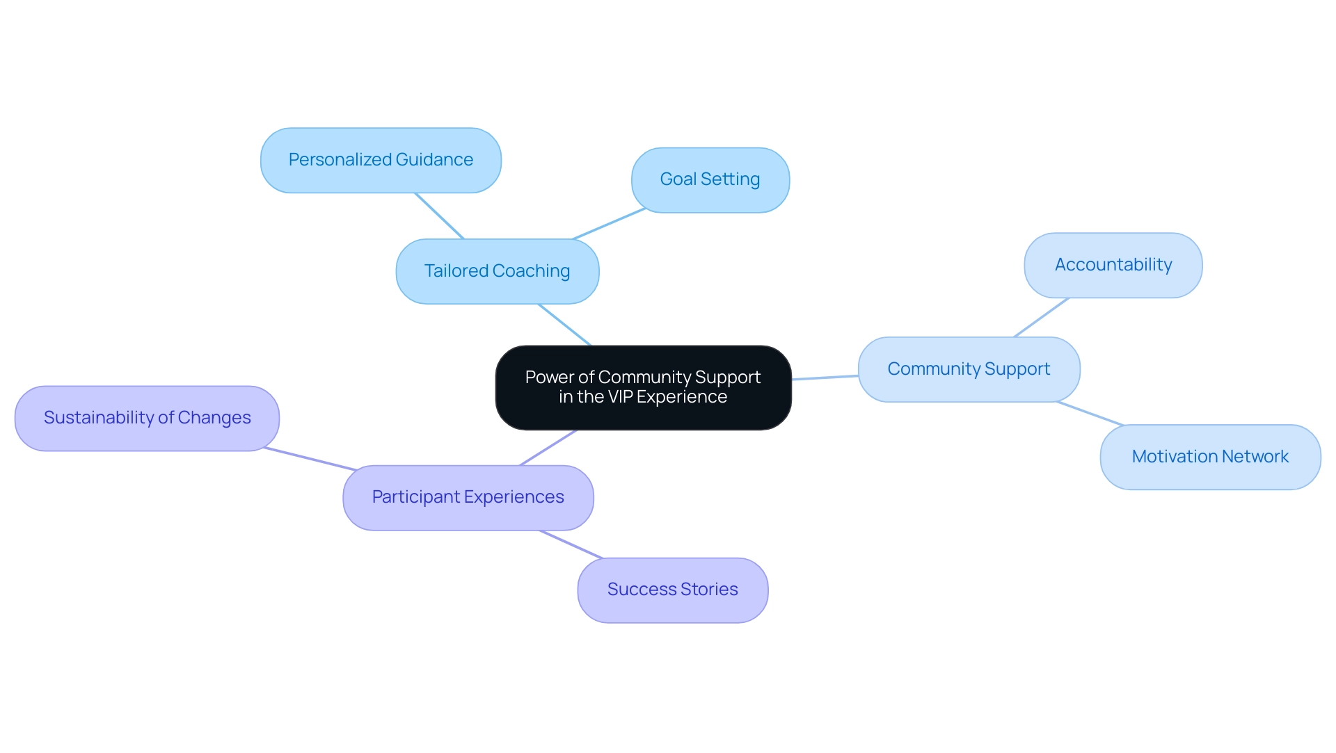 Each branch represents a key concept (Tailored Coaching, Community Support, Participant Experiences), with sub-branches detailing specific elements related to each concept.