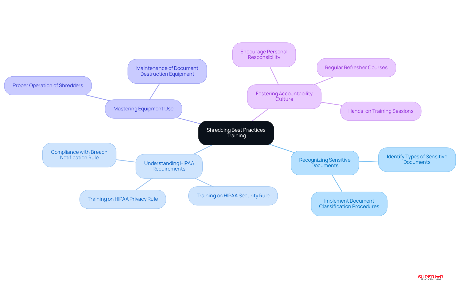 The center represents the overall training focus, while the branches show key areas of training. Each sub-branch provides more detail on what staff should learn and practice.