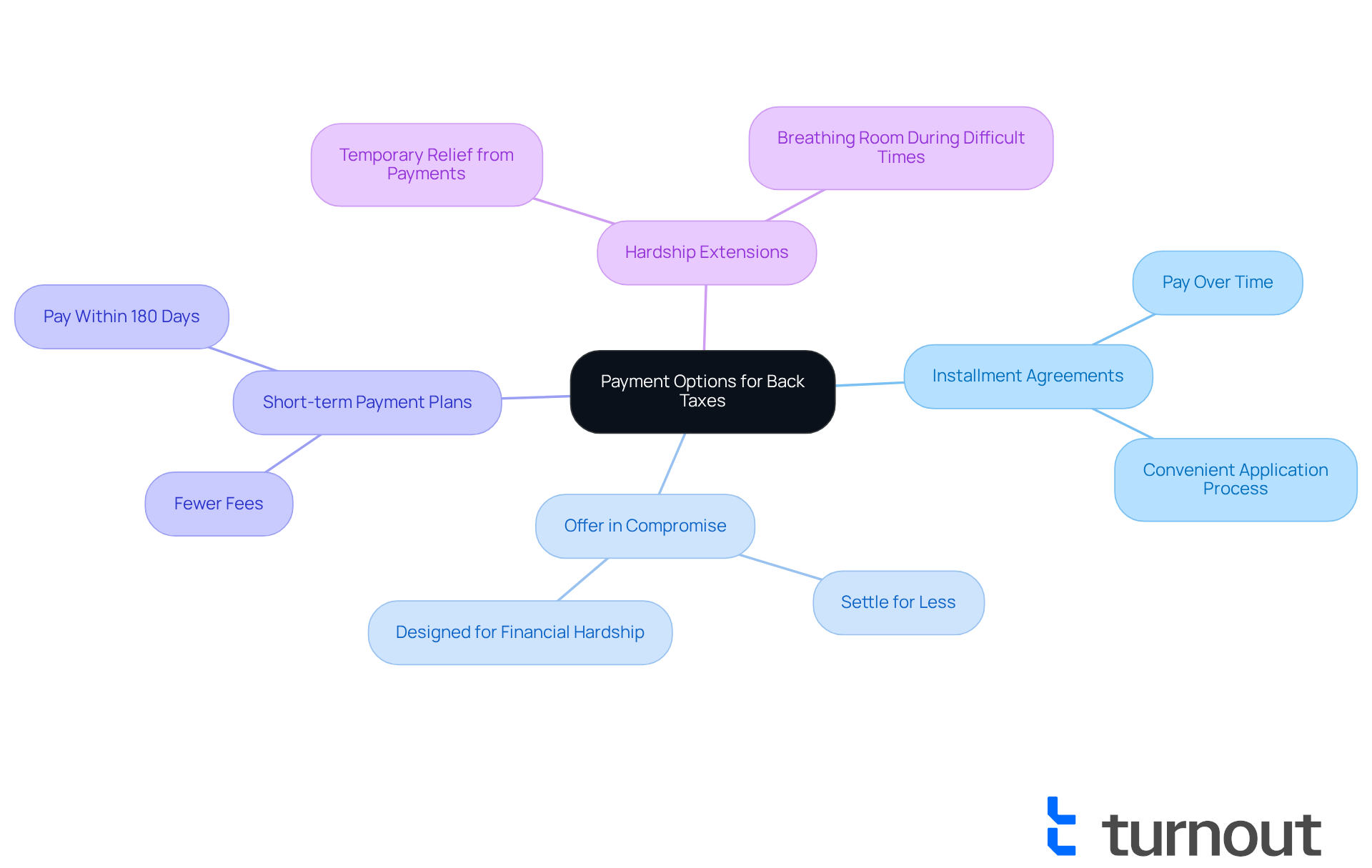 At the center, you'll find the main topic about payment options. Each branch represents a different plan, and the smaller branches give more details about what each plan offers. This layout helps you see your choices clearly.