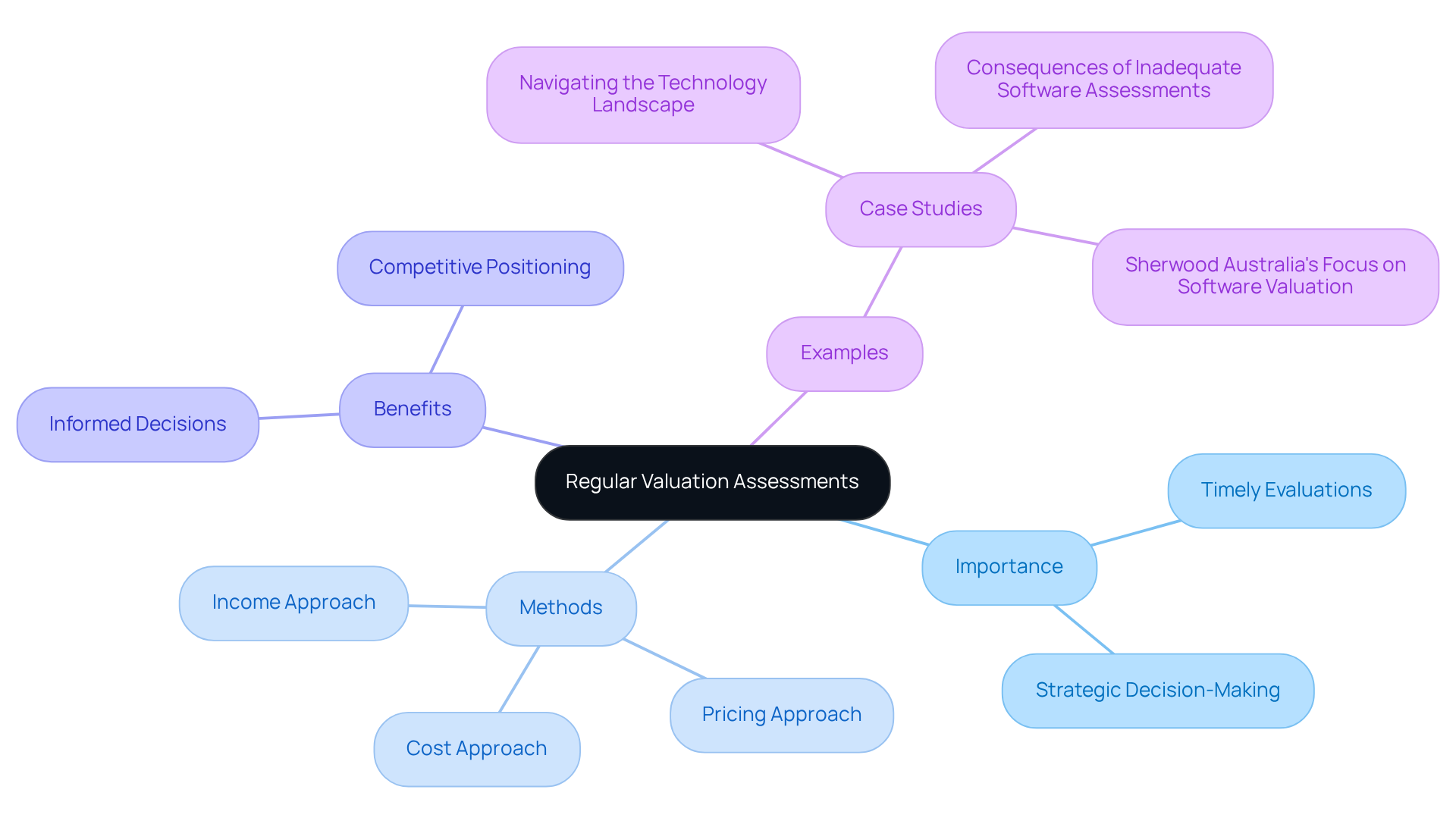 This mindmap starts with the main idea of regular valuation assessments at the center. Each branch represents a different aspect of the topic, showing how they connect and contribute to the overall importance of these assessments in business strategy.