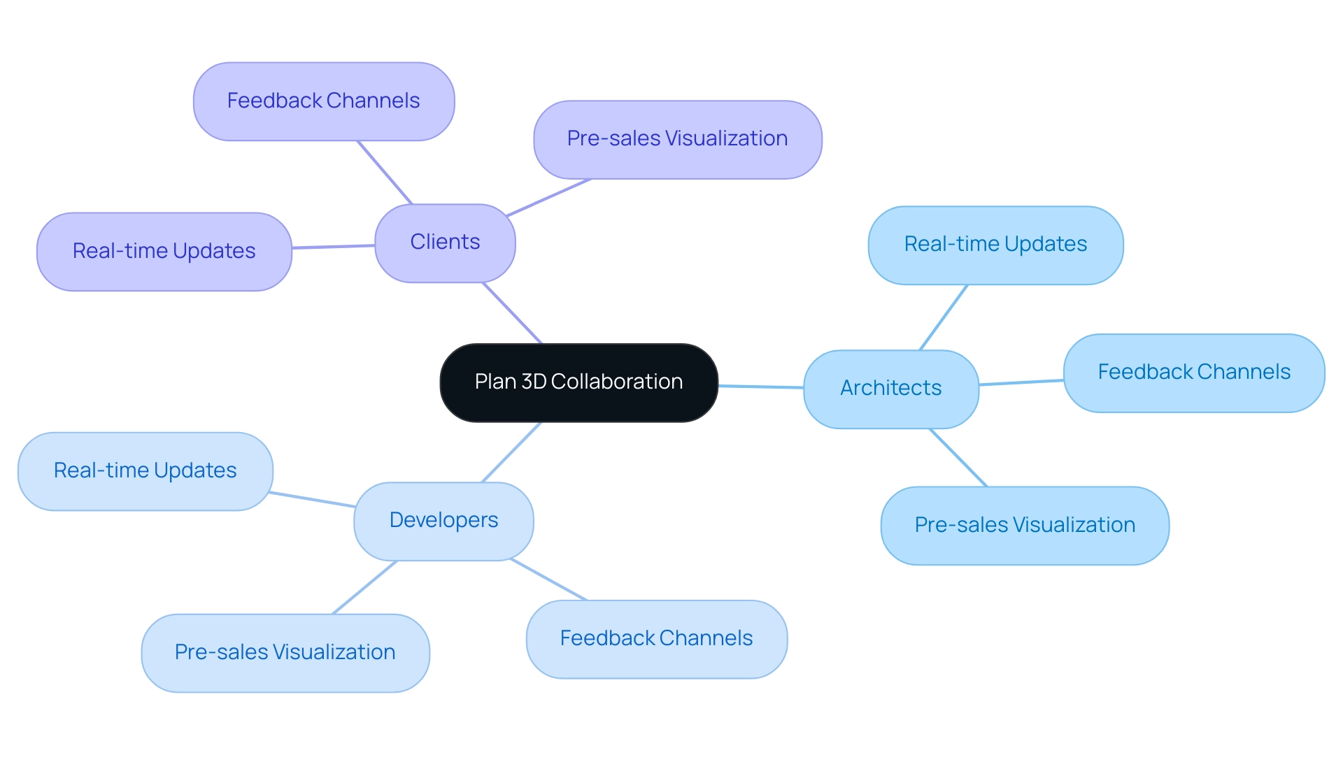 The central node represents Plan 3D, with branches for each stakeholder and sub-branches detailing their contributions to the collaborative process.