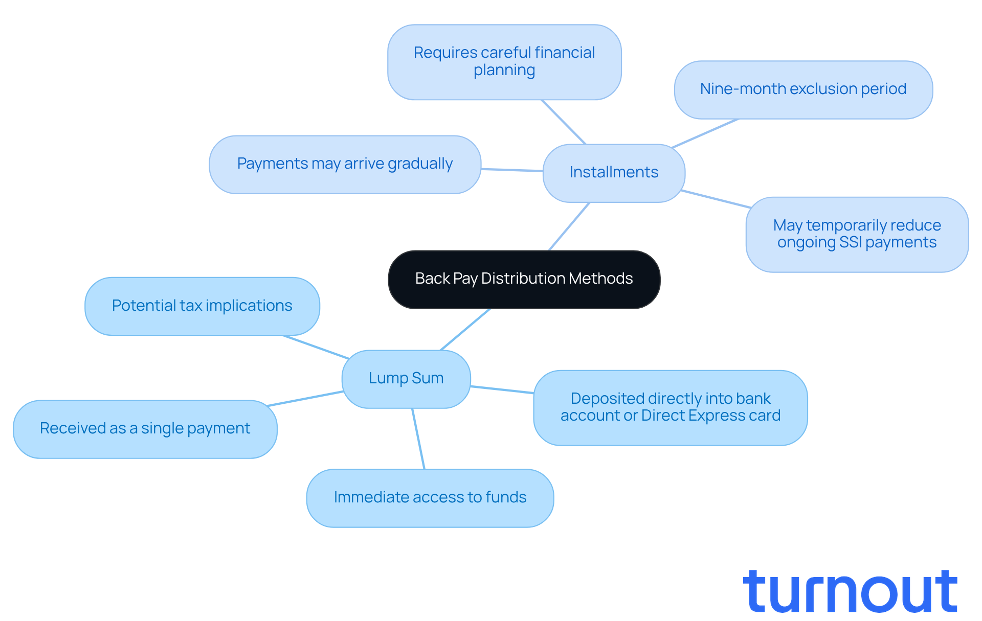The central node represents the overall topic of back pay distribution. The branches show the two main methods, with further details to help you understand how each method works and what to expect. The central node represents the overall topic of back pay distribution. The branches show the two main methods, with further details to help you understand how each method works and what to expect.
