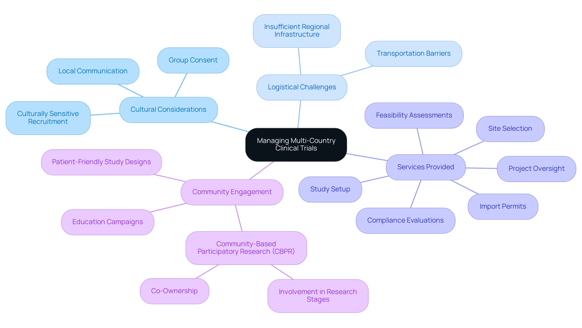 The central node represents the overall theme, with branches showing key categories related to cultural and logistical considerations, services, and community involvement.