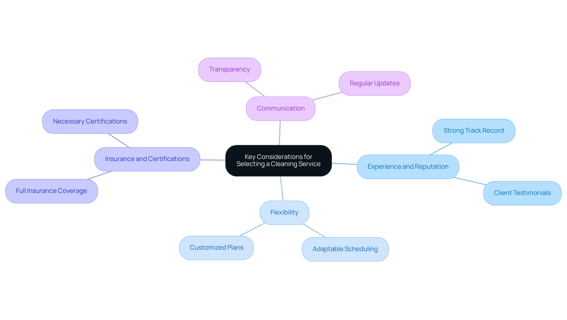The central node represents the main topic, with branches showing the four key considerations and their respective details.