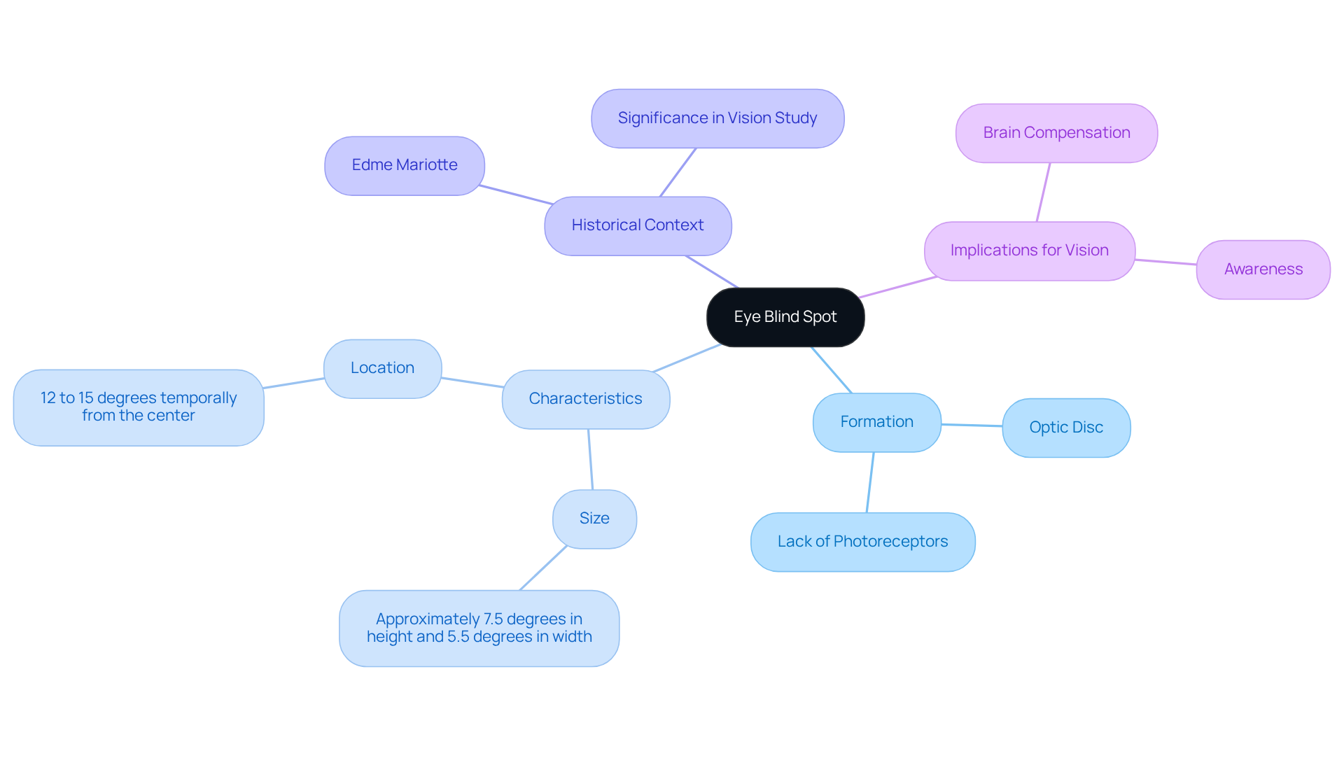 This mindmap starts with the central idea of the eye blind spot and branches out to show how it forms, its characteristics, historical significance, and its implications for our vision. Each branch represents a different aspect of the blind spot, helping you see how they all connect.
