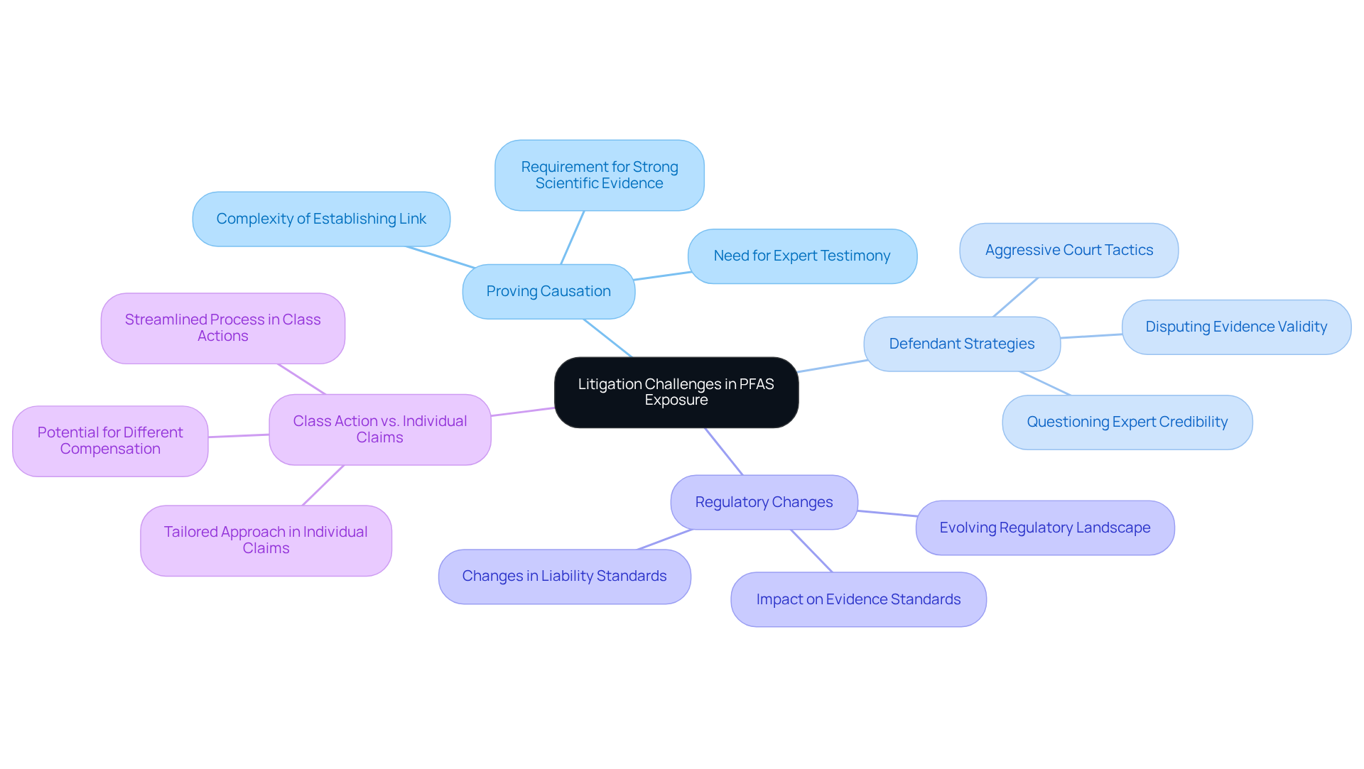 At the center is the main topic of litigation challenges. Each branch represents a different challenge you may face, with further details extending from them. This layout helps you see how each challenge relates to the overall issue of PFAS exposure. At the center is the main topic of litigation challenges. Each branch represents a different challenge you may face, with further details extending from them. This layout helps you see how each challenge relates to the overall issue of PFAS exposure.