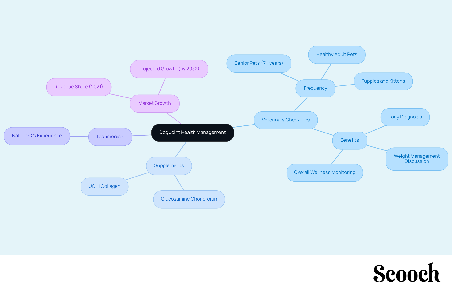 The central node represents the overall theme of joint health management, with branches showing different aspects like vet visits, supplements, and real-life experiences. Each branch helps you understand how these elements work together to improve your dog's mobility. The central node represents the overall theme of joint health management, with branches showing different aspects like vet visits, supplements, and real-life experiences. Each branch helps you understand how these elements work together to improve your dog's mobility.