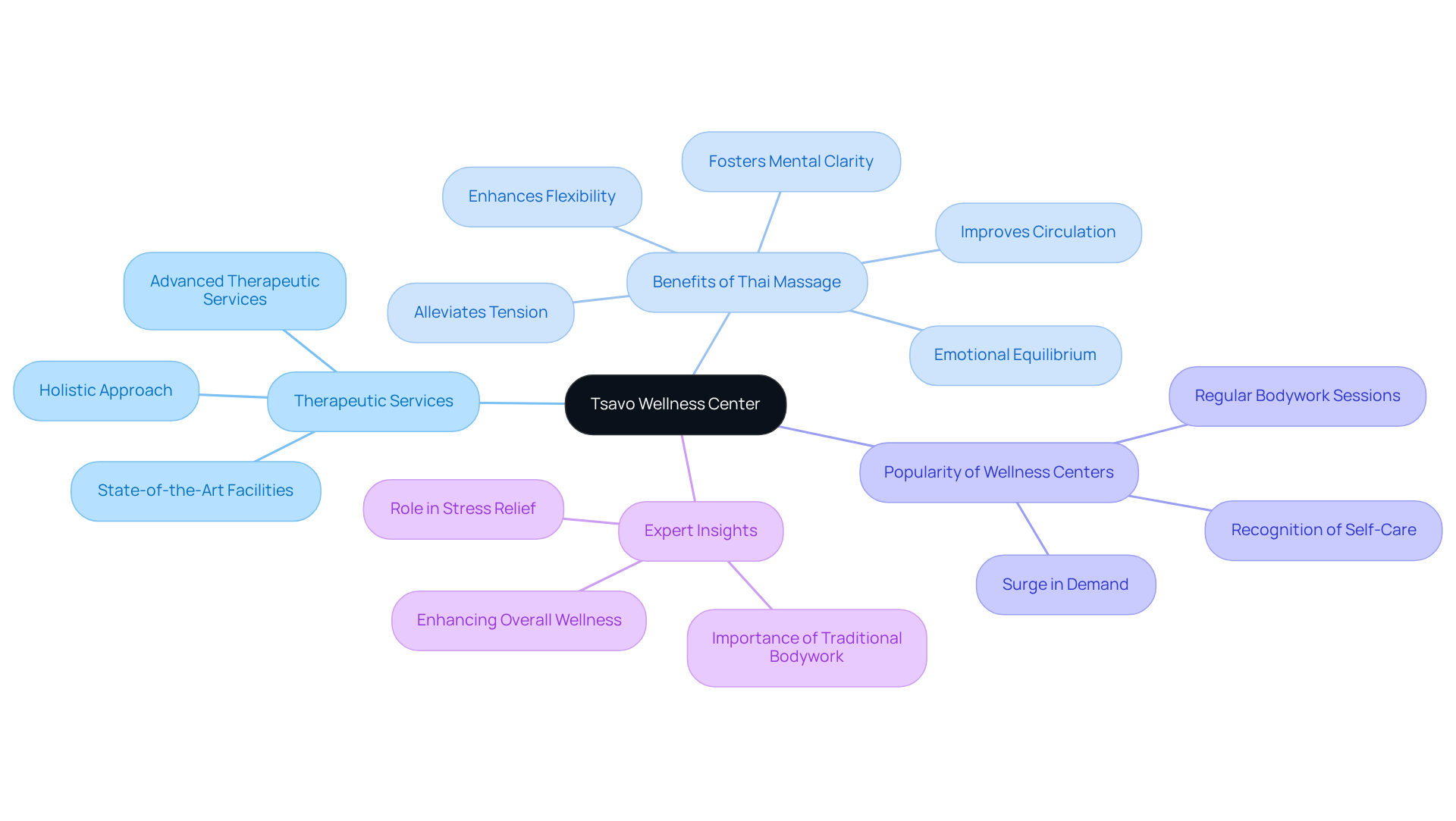 The center node represents Tsavo Wellness, while branches show the main topics. Each sub-node contains specific details, illustrating how these elements connect to the overarching theme of wellness and relaxation.