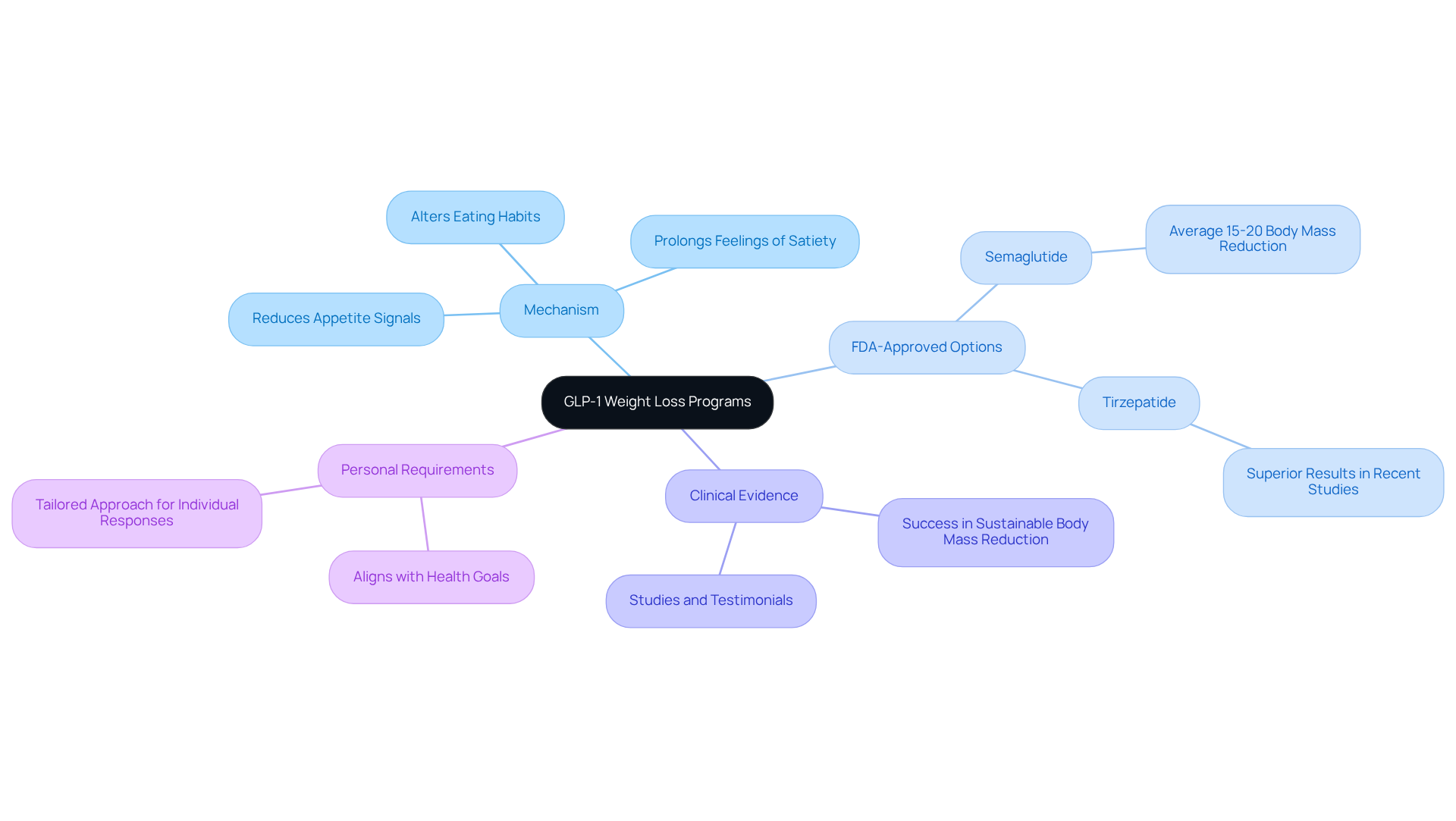 The center represents the main topic, and each branch shows a different important aspect to consider when exploring GLP-1 programs. Follow the branches to understand how each point connects to the overall theme.