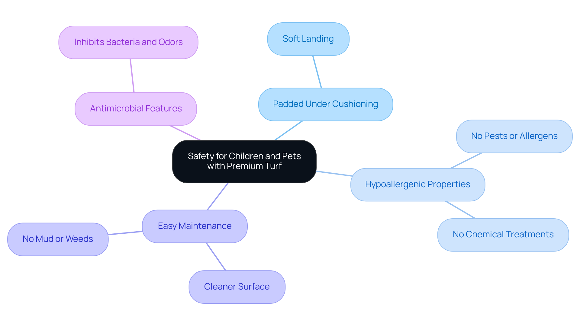 The central node represents the main focus on safety, while the branches show the specific features that make premium turf a safe choice for families. Each feature connects back to the central theme, illustrating how they collectively enhance safety.