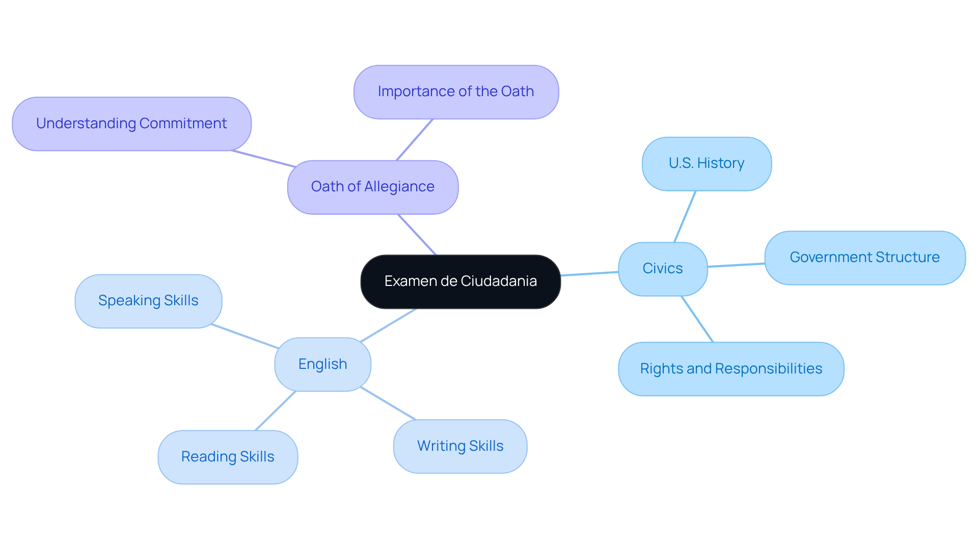 The center represents the Citizenship Exam, with branches showing the key areas of knowledge needed. Each branch gives you a pathway to focus your studies, helping you prepare effectively for the exam.