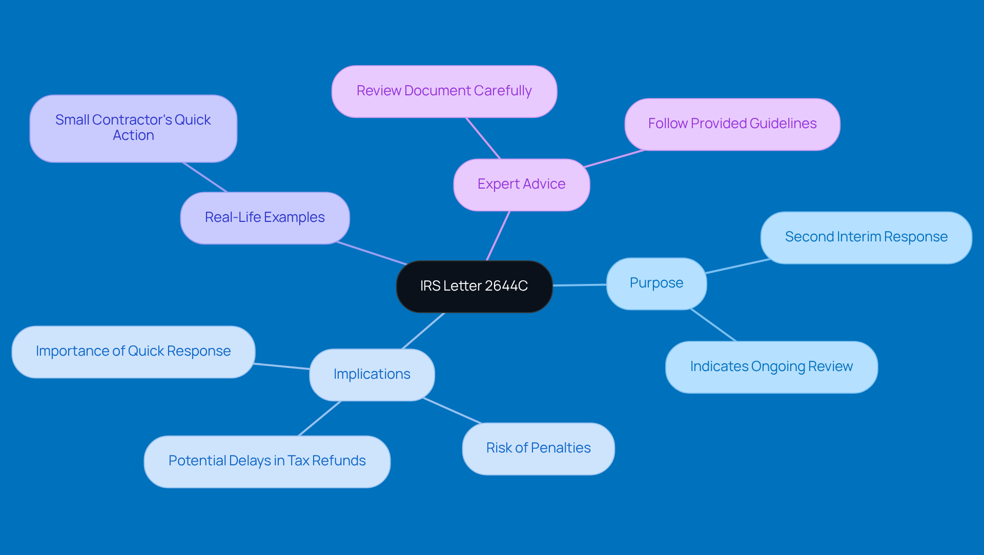 The center represents the IRS Letter 2644C, with branches showing its purpose and implications. Each branch highlights key points to help you grasp the importance of this letter and how to respond effectively.