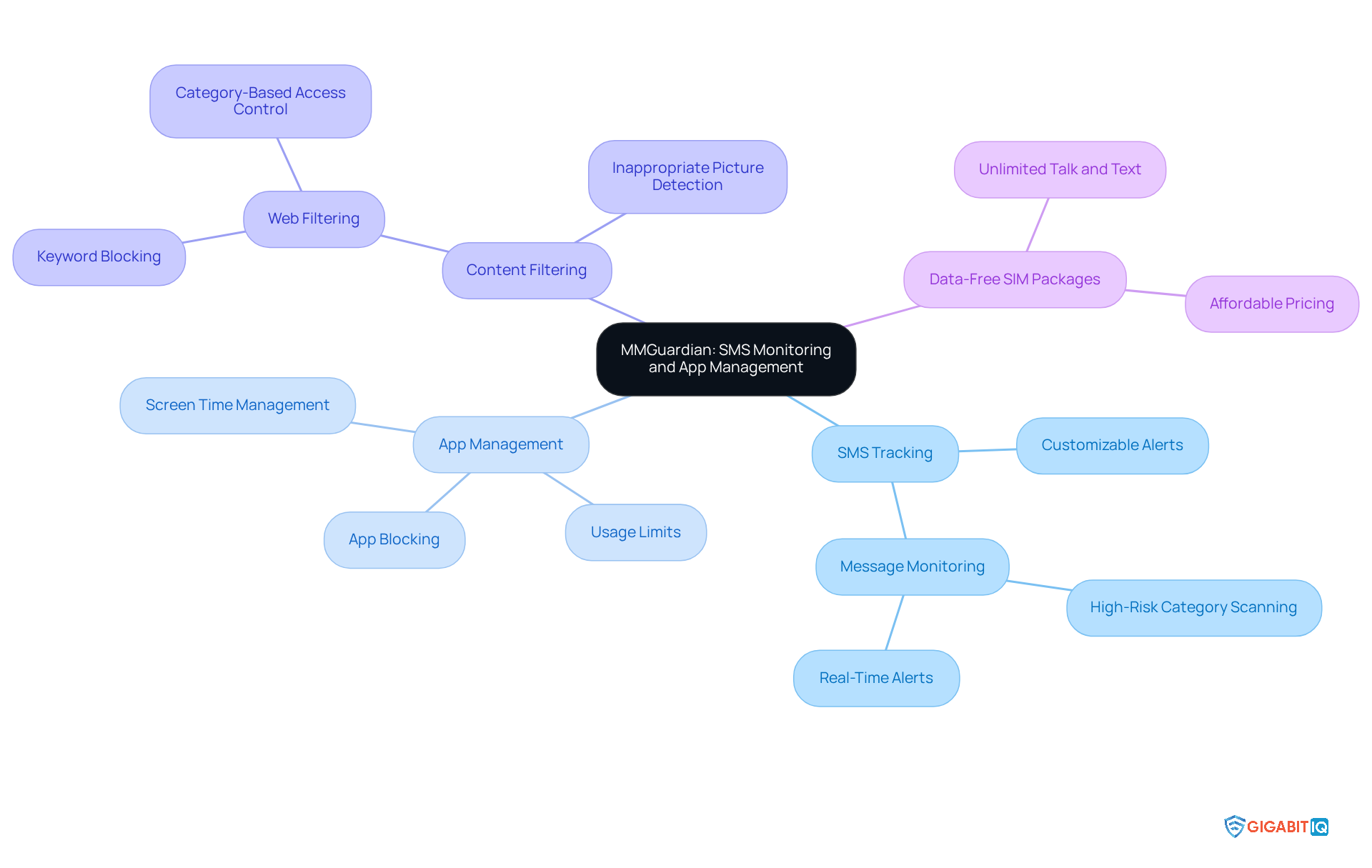 The center shows the main service, while the branches highlight key features. Each feature is designed to help guardians monitor and protect their children's online experiences effectively.