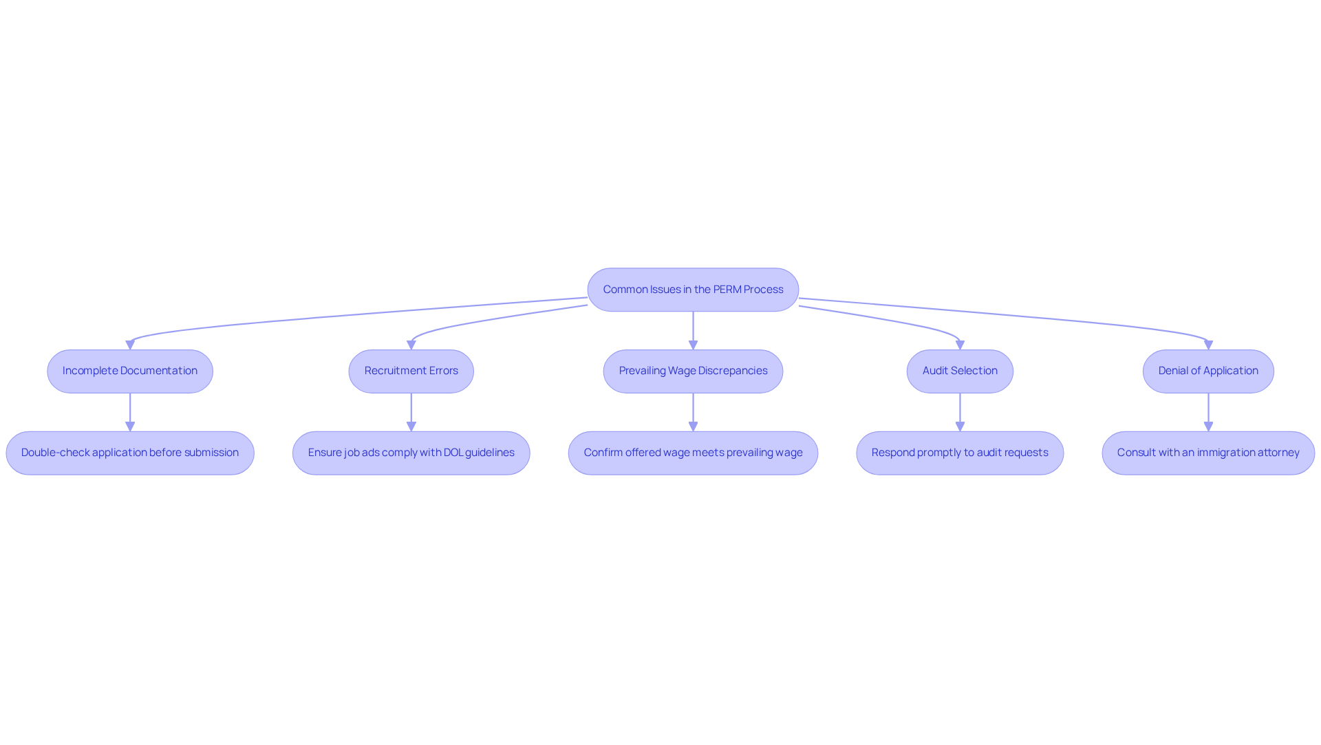 This flowchart helps you navigate common problems in the PERM filing process. Start at the top with the main issues, and follow the arrows to see the recommended strategies for each problem. Each box represents a challenge, and the smaller points provide actionable steps to resolve them.