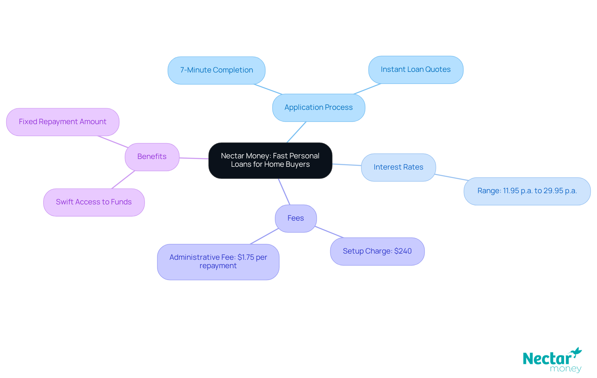 The center represents Nectar Money's offering, and each branch highlights important factors like how to apply, the costs involved, and the benefits of fast financing—helping you understand what to consider when looking for a loan.