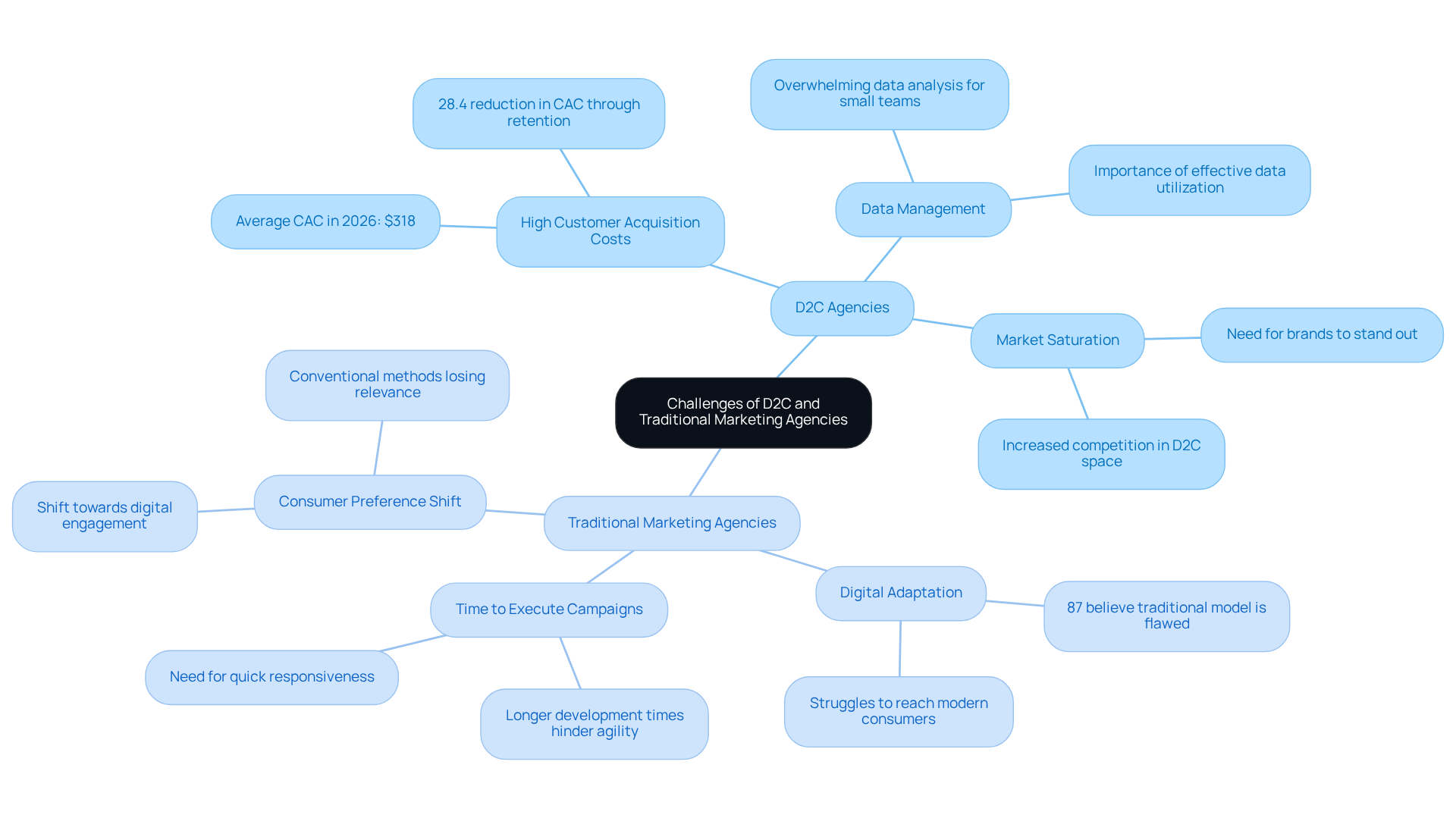 The central node represents the overall topic, while the branches show the specific challenges each type of agency faces. Each color-coded branch helps you quickly identify which challenges belong to D2C agencies and which belong to traditional marketing agencies.