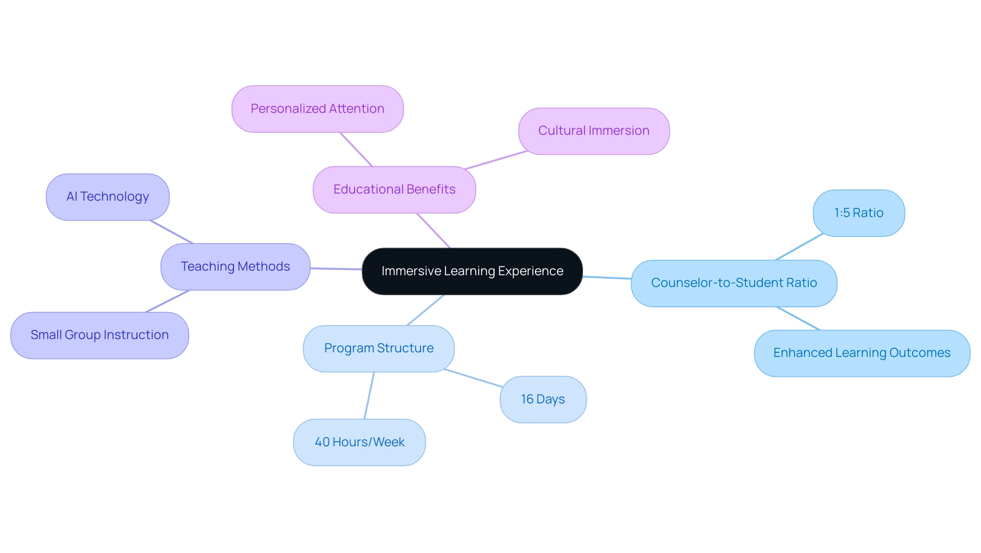 The central node represents the immersive learning experience, with branches indicating key components such as counselor-to-student ratio, program structure, teaching methods, and educational benefits.