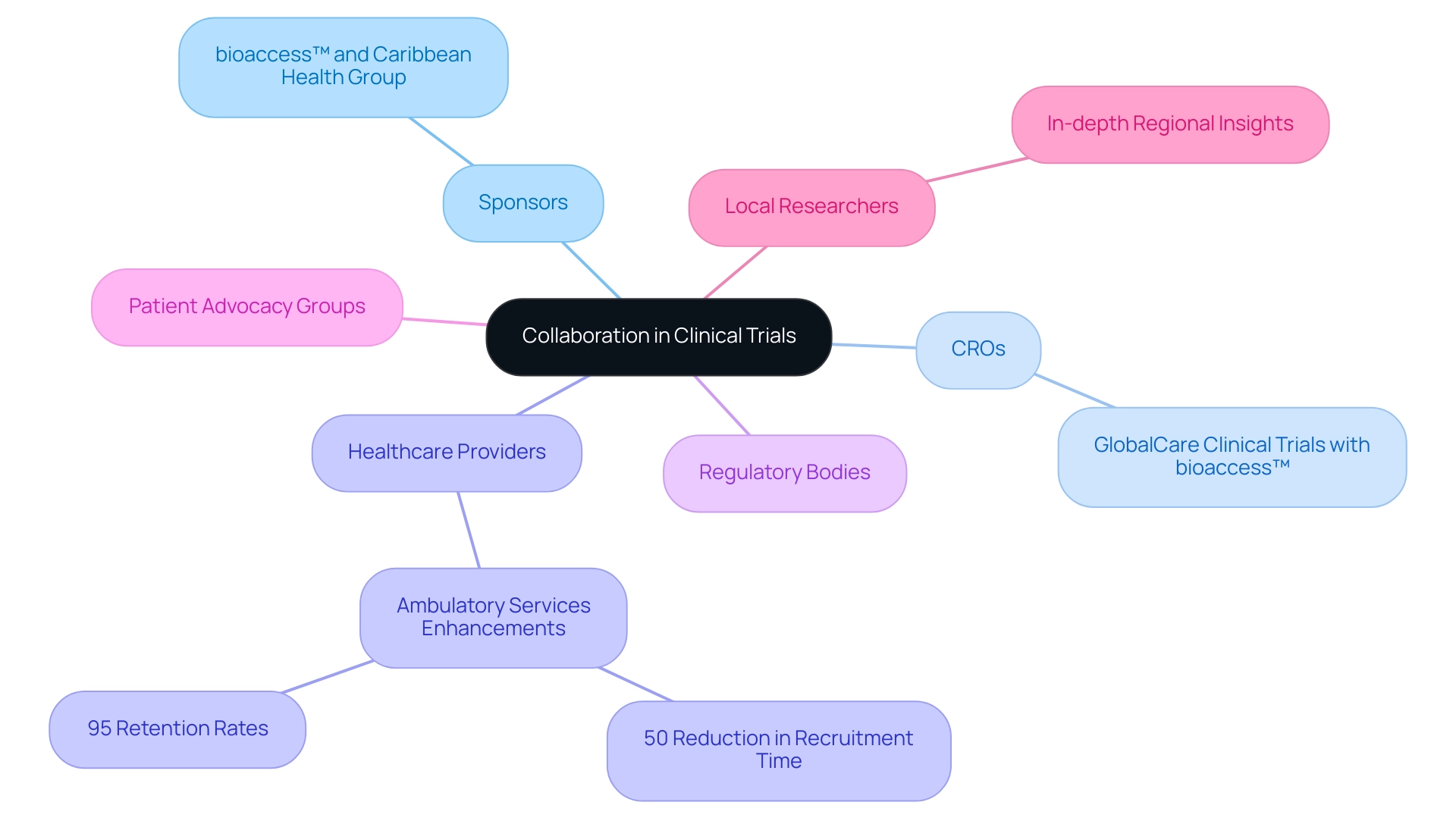 Each branch represents a stakeholder group, with sub-branches showcasing specific collaborations and relationships.