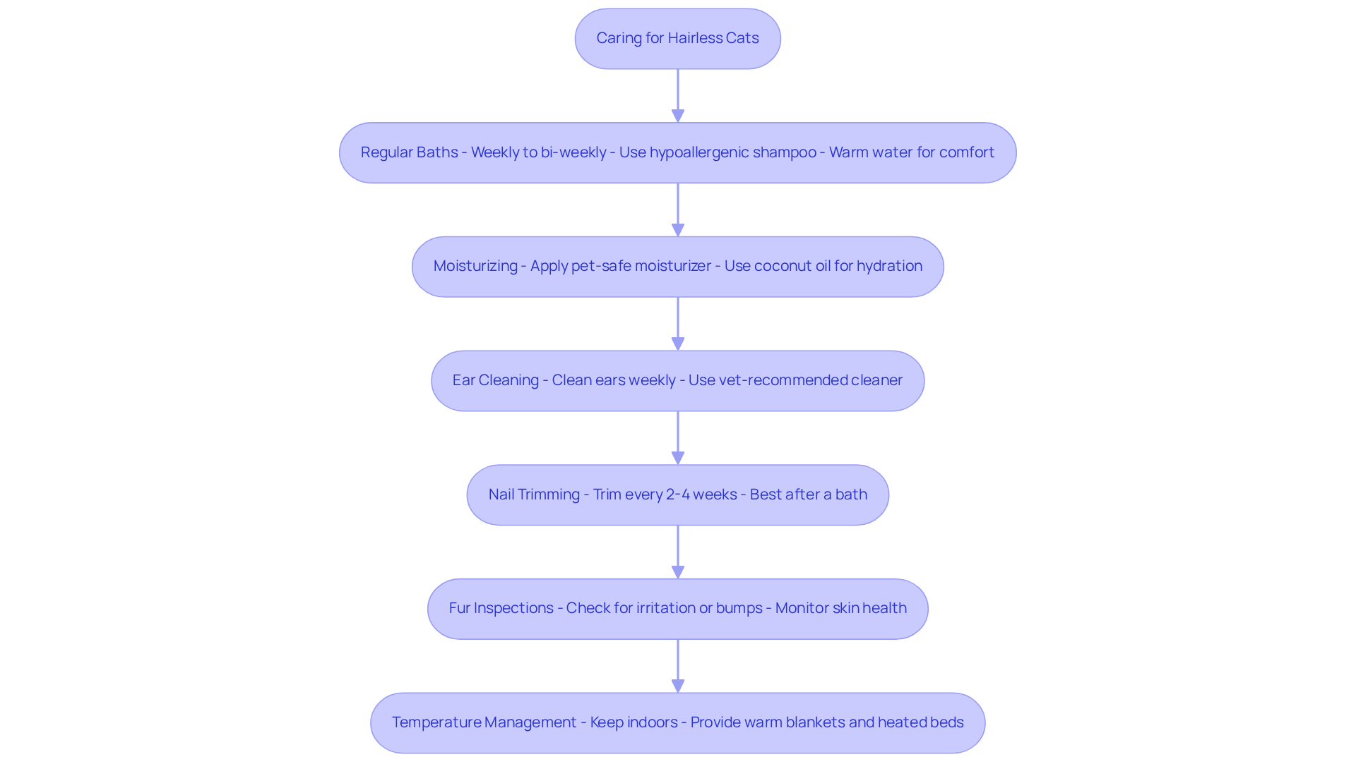 Follow the arrows from the main care topic to each specific routine. Each box gives a brief overview of what to do to keep your hairless cat happy and healthy.