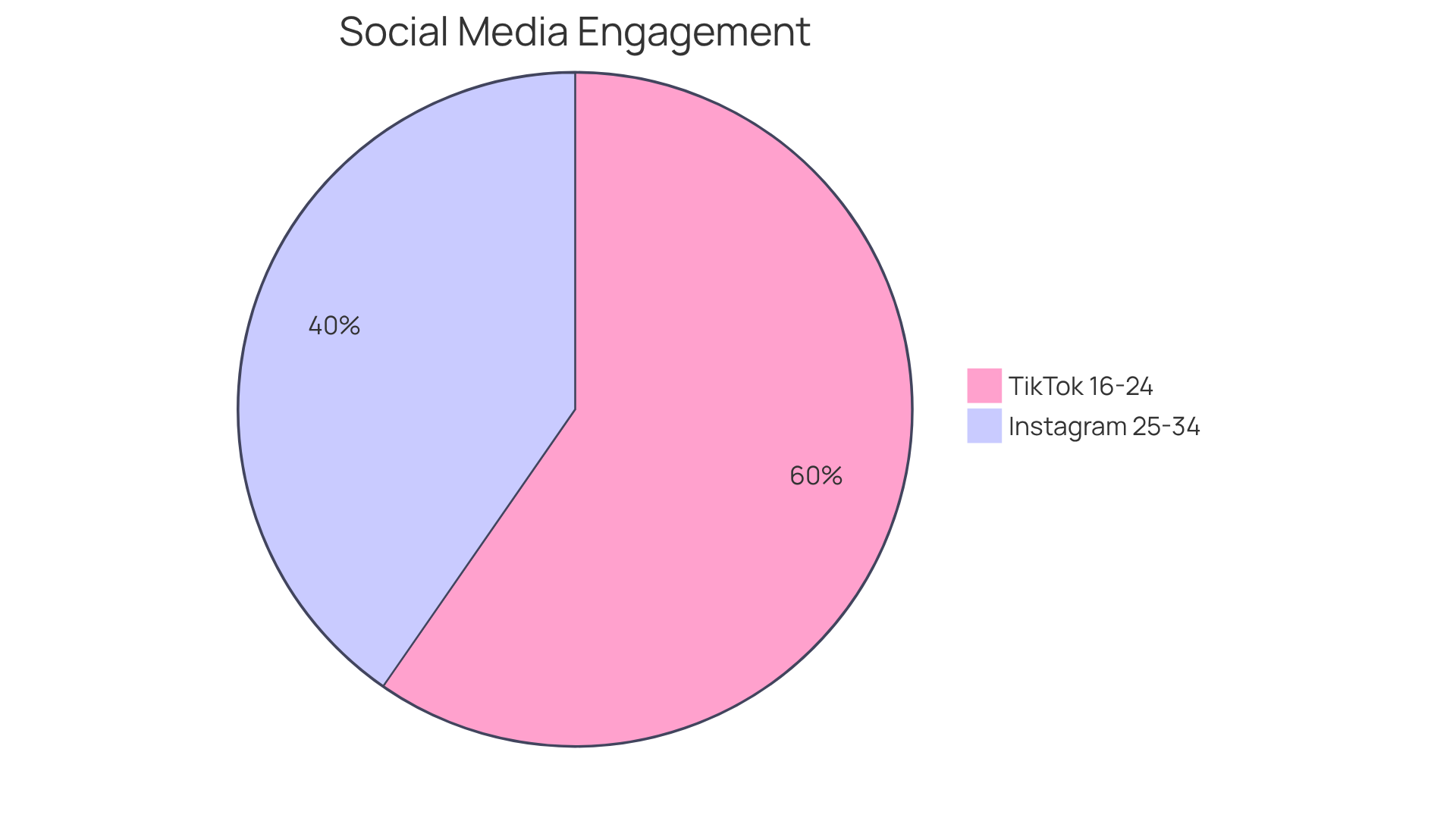 Each section of the pie chart shows the demographic and engagement metrics for Instagram and TikTok. The larger the segment, the more significant the demographic or engagement time. This helps you see which platform might be better for reaching your target audience. Each section of the pie chart shows the demographic and engagement metrics for Instagram and TikTok. The larger the segment, the more significant the demographic or engagement time. This helps you see which platform might be better for reaching your target audience.