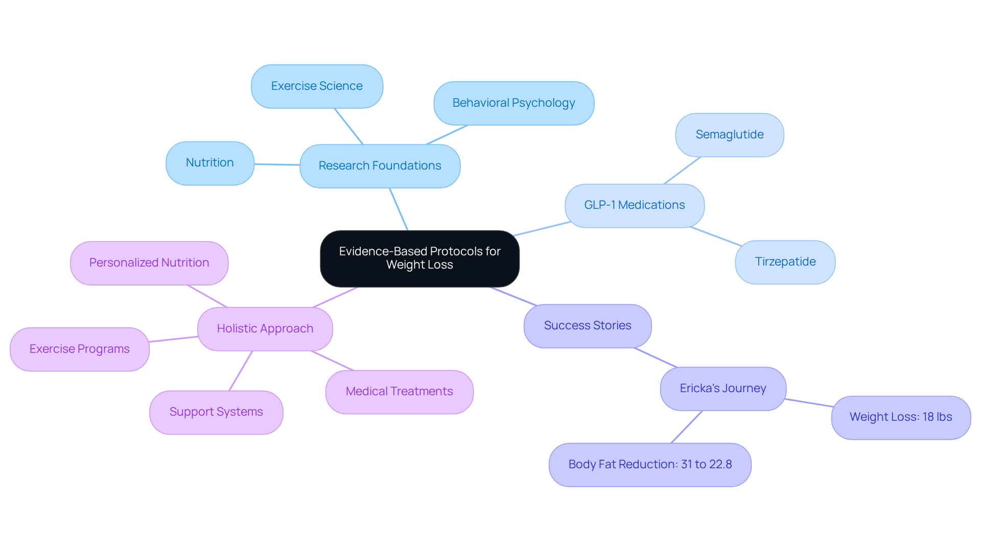 This mindmap shows how different elements contribute to effective weight loss programs. Start at the center with the main idea, then explore each branch to see how research, medications, success stories, and holistic methods work together to support your journey.
