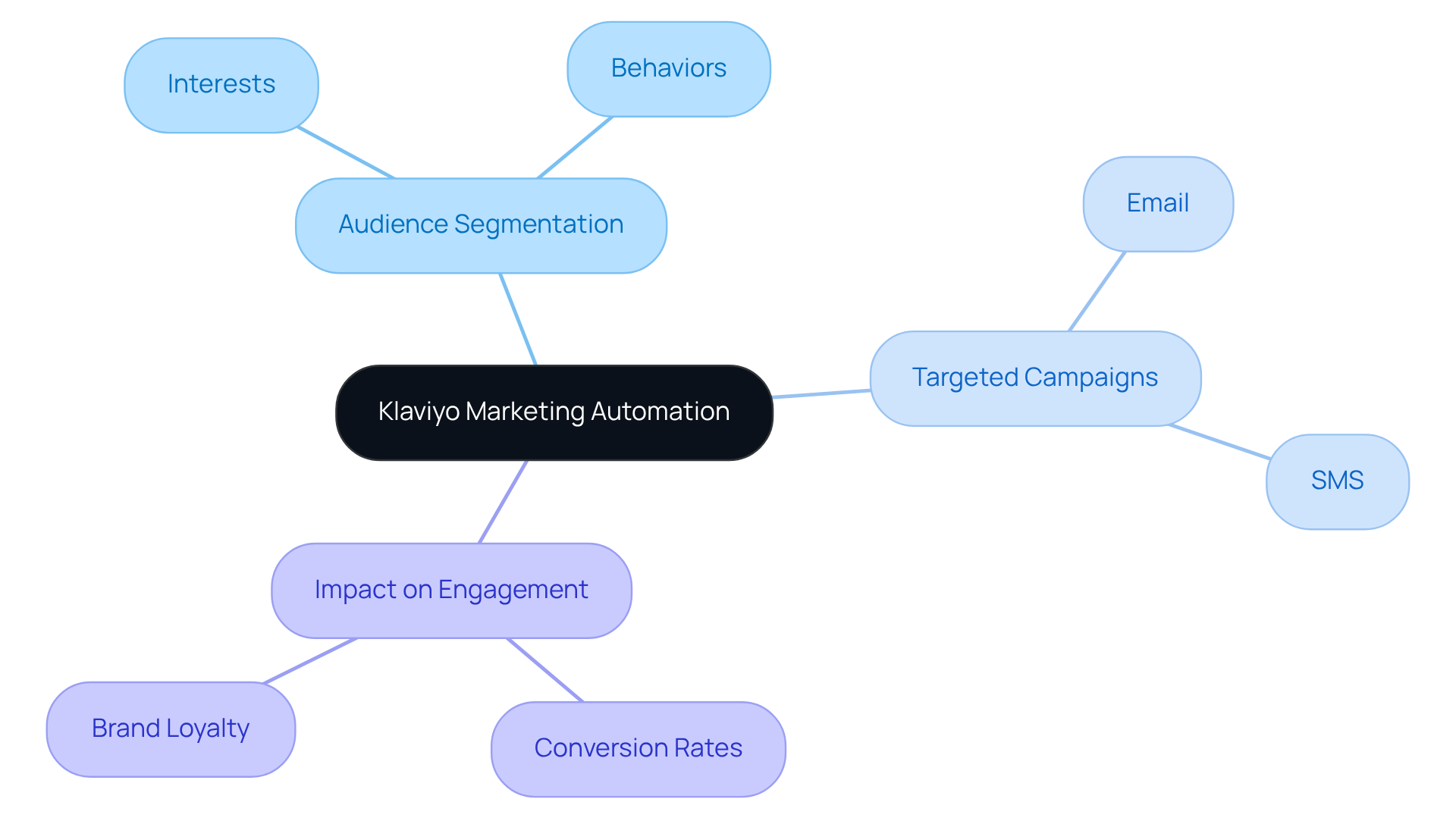 Start at the center with Klaviyo's marketing automation, then explore how audience segmentation leads to targeted campaigns and ultimately enhances customer engagement and sales.